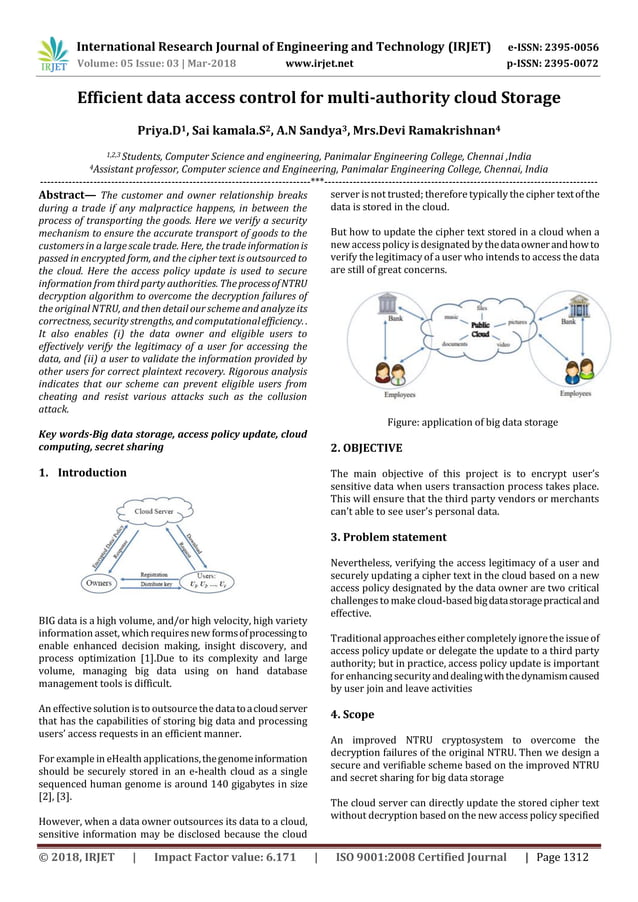 Irjet Efficient Data Access Control For Multi Authority Cloud Storage Pdf