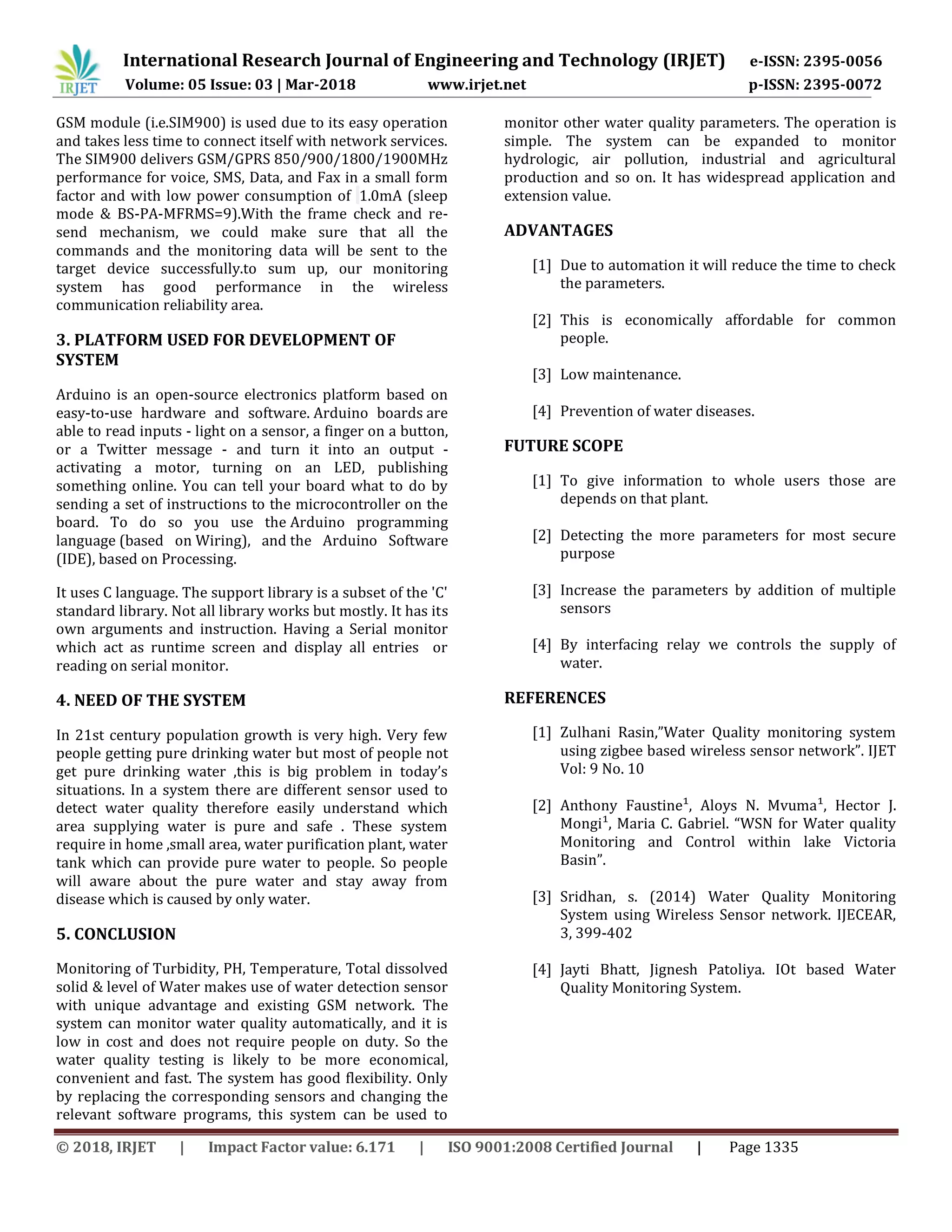 IRJET- Water Quality Monitoring using TDS, Turbidity, Temperature & pH ...