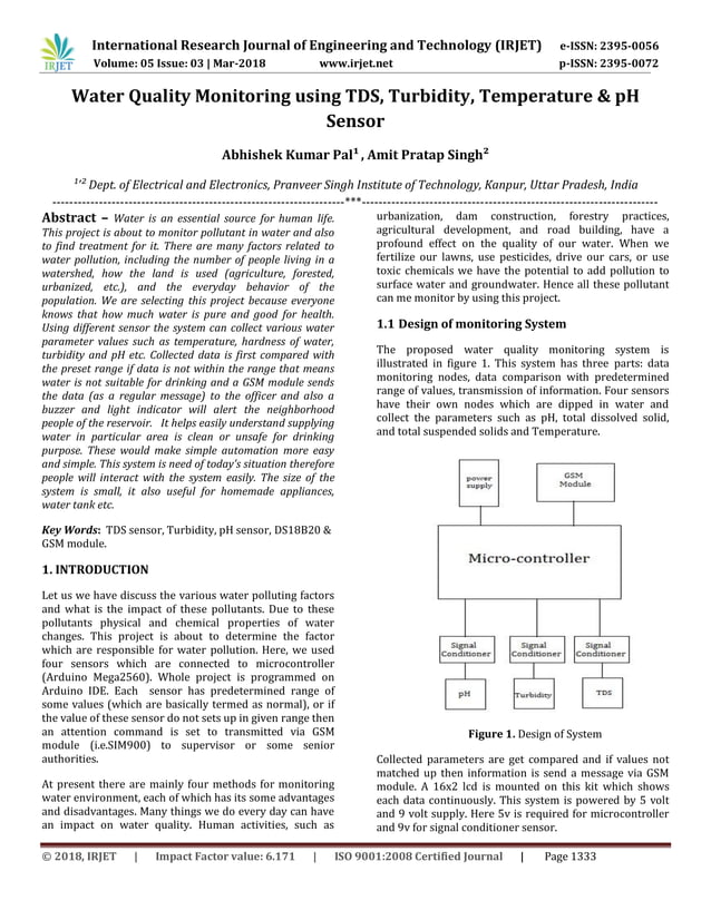 IRJET- Water Quality Monitoring using TDS, Turbidity, Temperature & pH ...