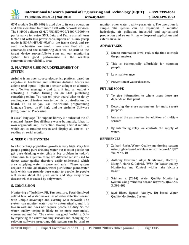IRJET- Water Quality Monitoring using TDS, Turbidity, Temperature & pH Sensor | PDF | Indoor ...