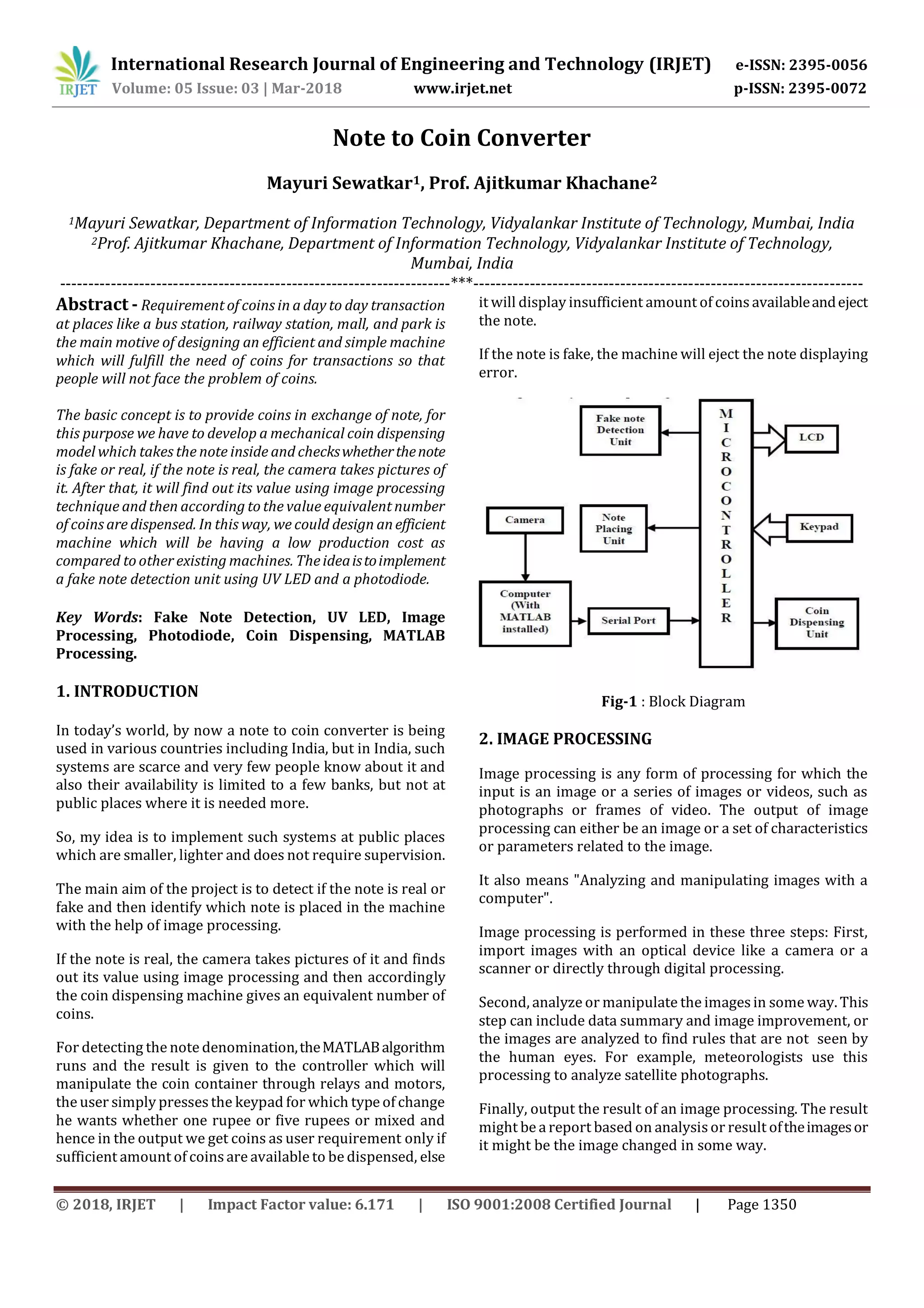 IRJET- Note to Coin Converter | PDF