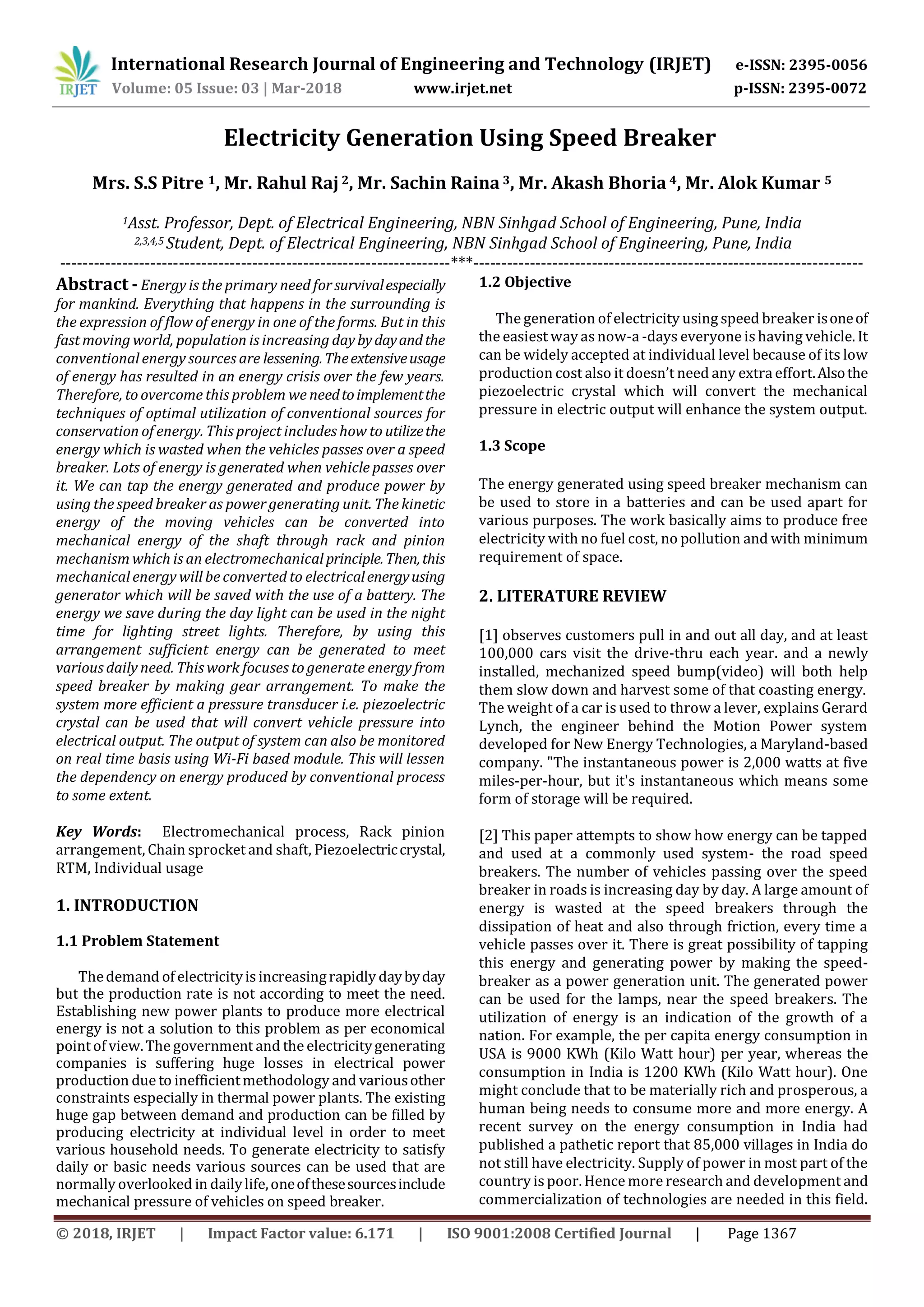 IRJET- Electricity Generation using Speed Breaker | PDF