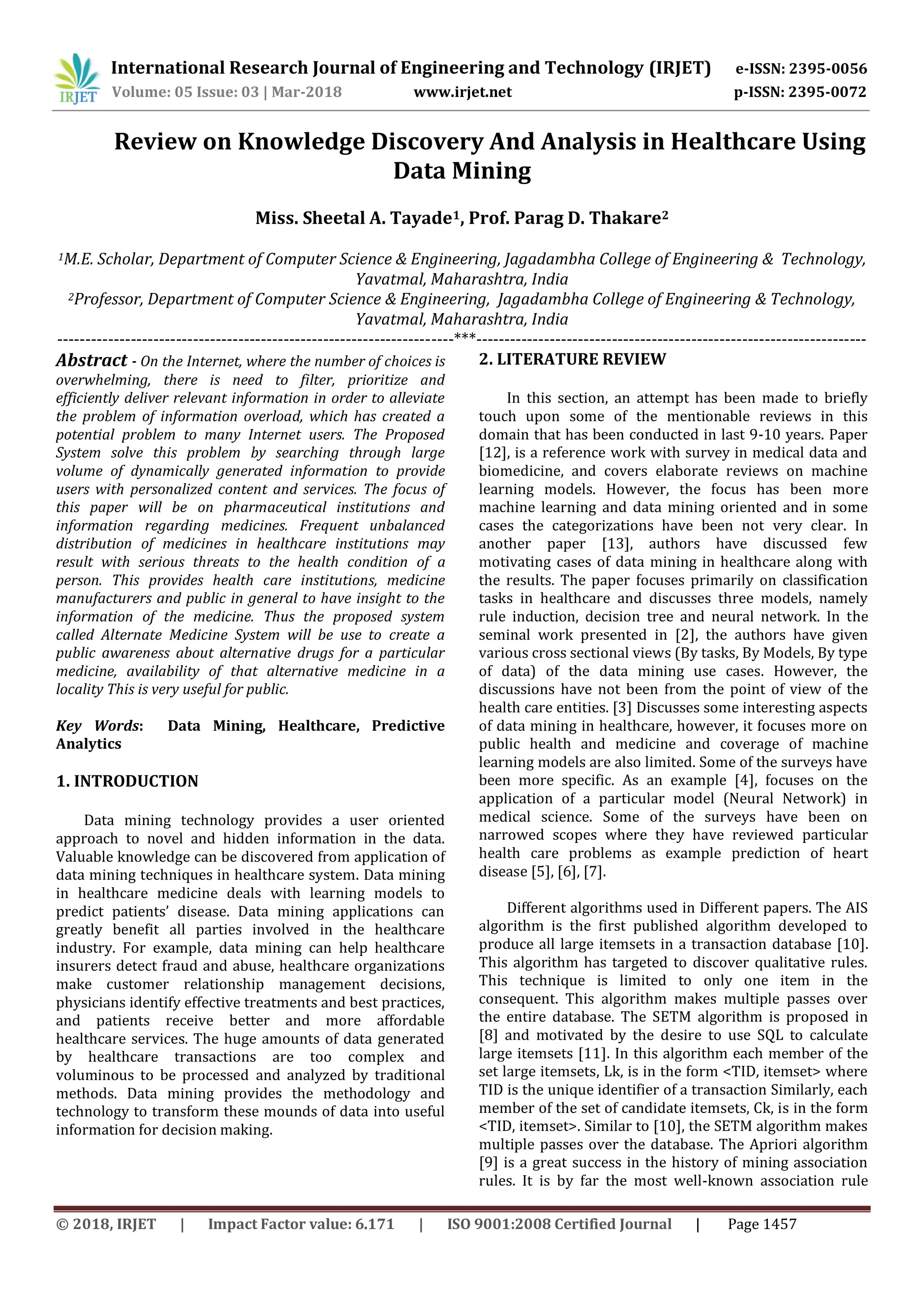 IRJET- Review on Knowledge Discovery and Analysis in Healthcare using Data Mining | PDF