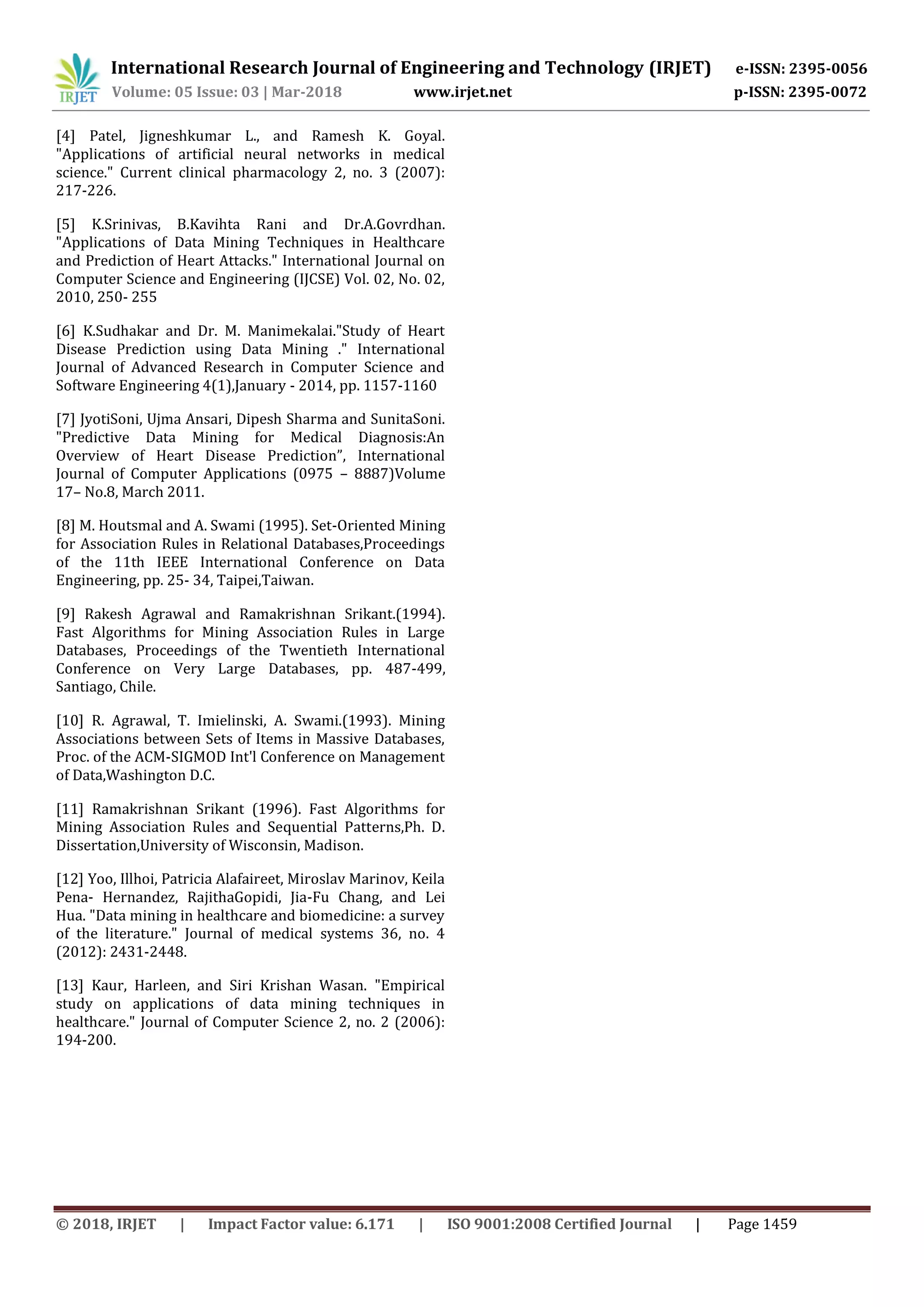 IRJET- Review on Knowledge Discovery and Analysis in Healthcare using Data Mining | PDF