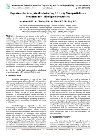 Experimental Analysis of Lubricating Oil using Nanoparticles as Modifiers for Tribological ...