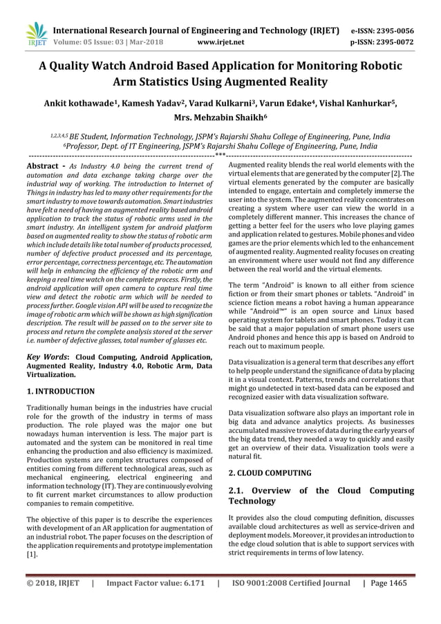 IRJET- A Quality Watch Android Based Application for Monitoring Robotic Arm Statistics using ...