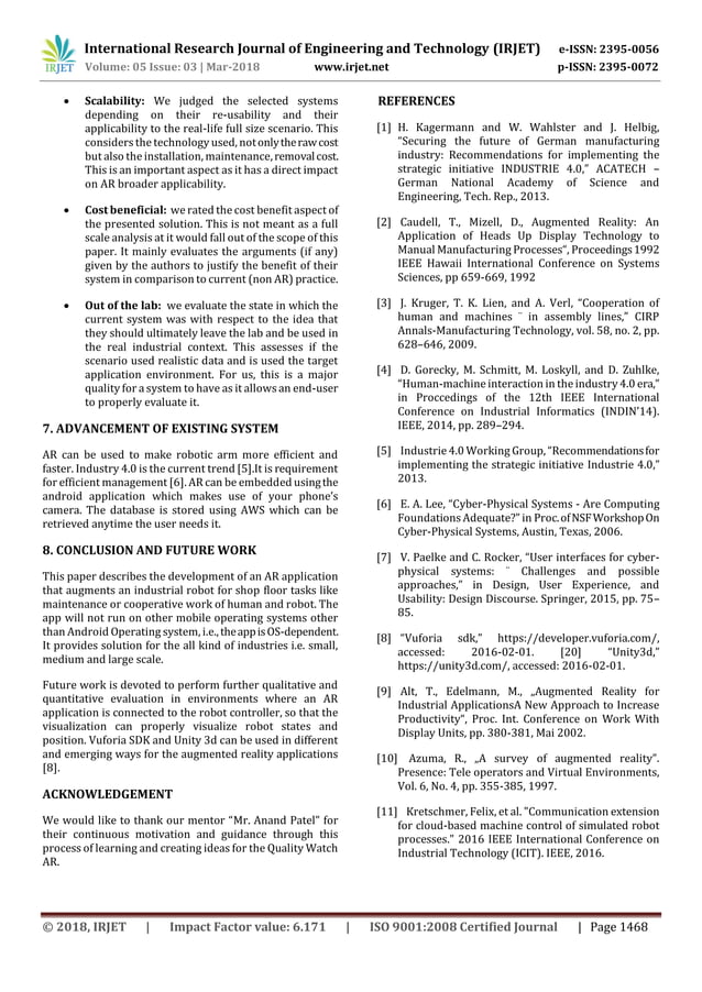 IRJET- A Quality Watch Android Based Application for Monitoring Robotic Arm Statistics using ...