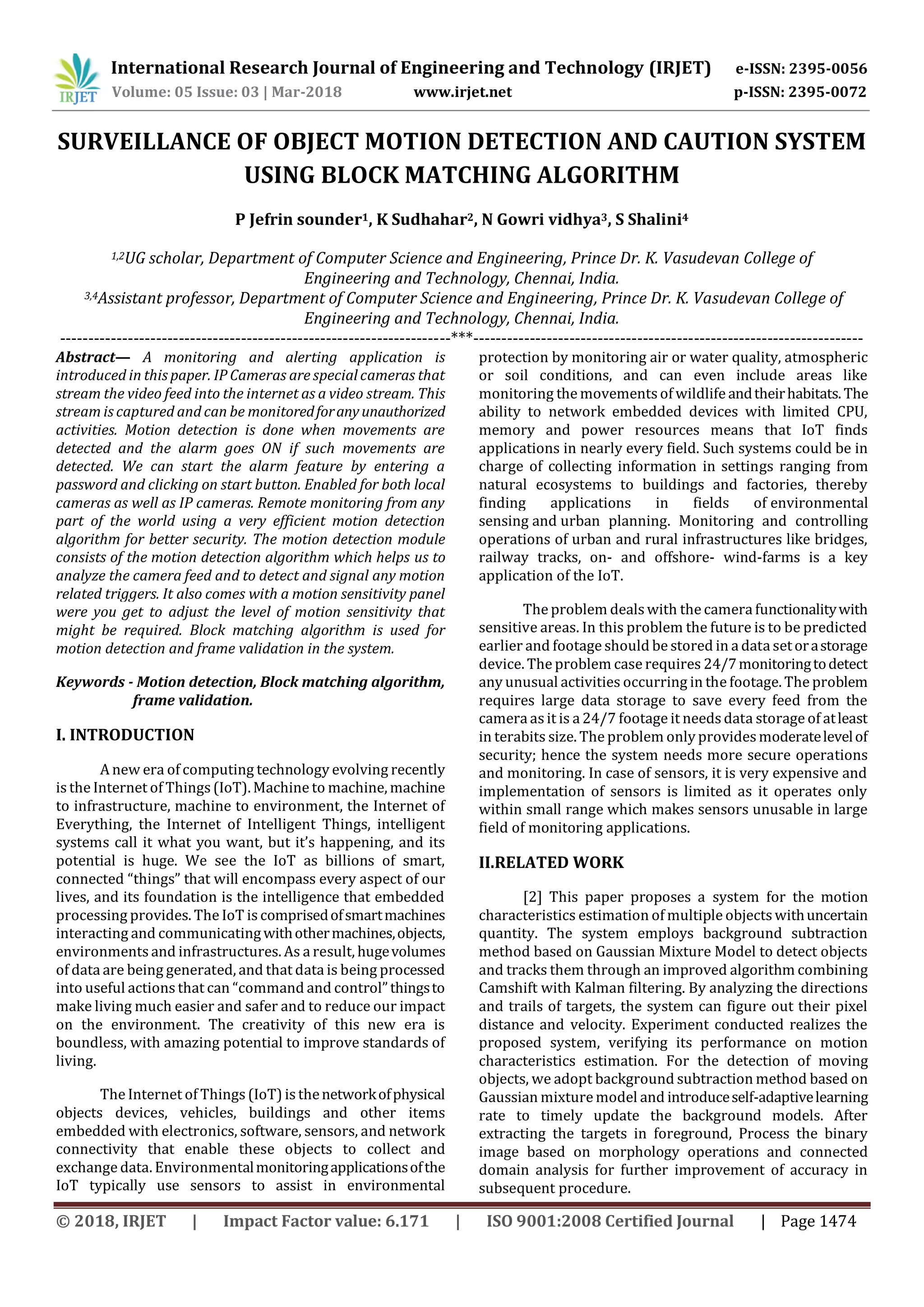 Irjet Surveillance Of Object Motion Detection And Caution System Using Block Matching Algorithm