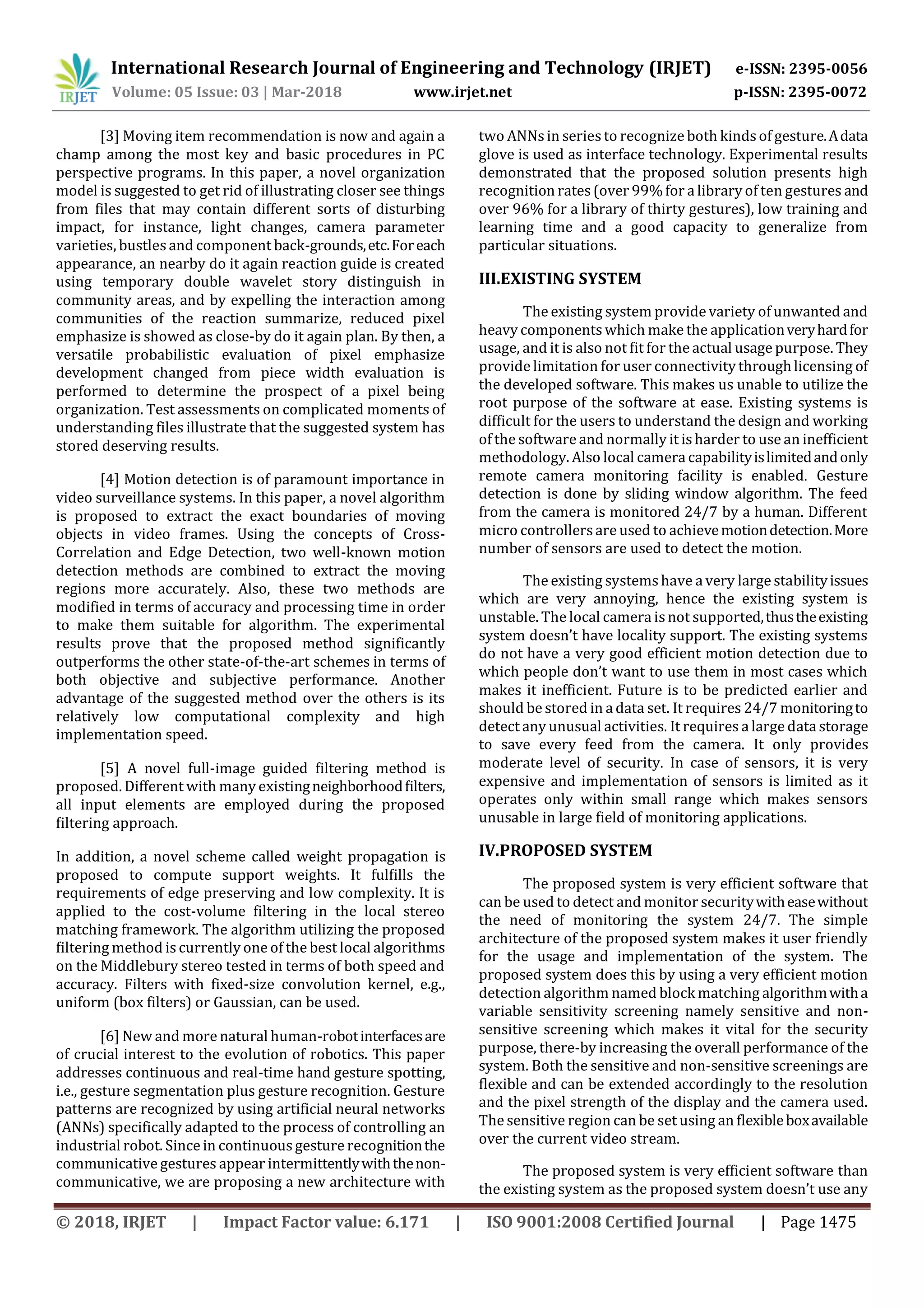 Irjet Surveillance Of Object Motion Detection And Caution System Using