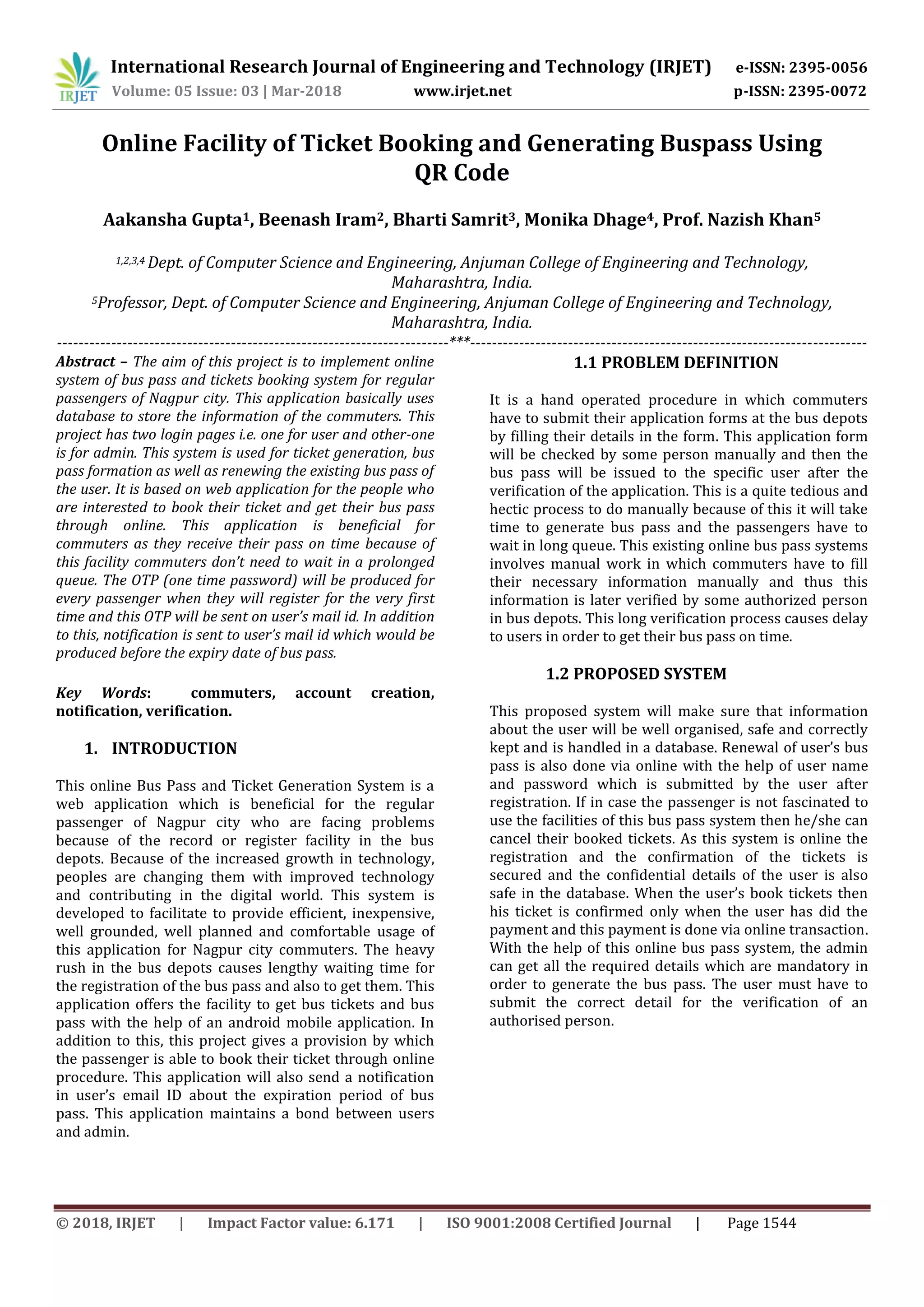 IRJET- Online Facility of Ticket Booking and Generating Buspass using QR Code | PDF