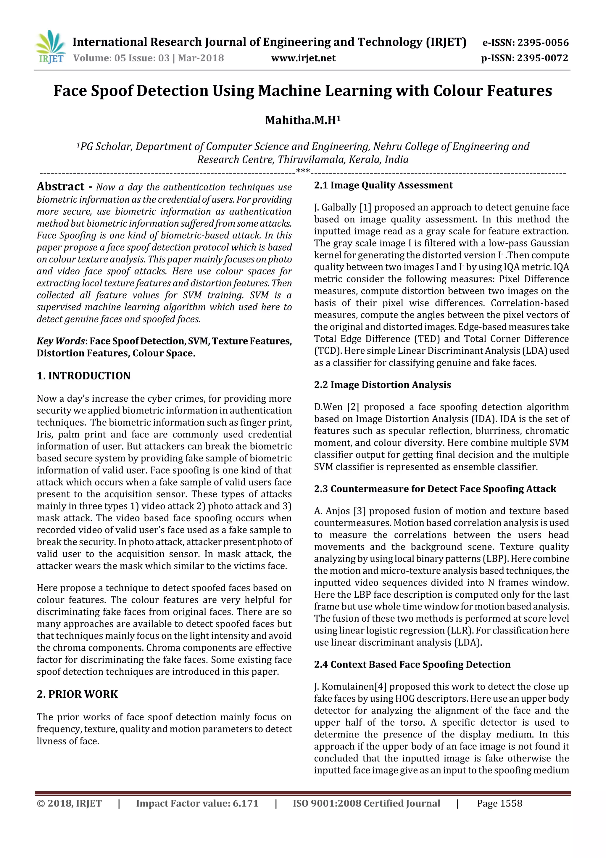 IRJET- Face Spoof Detection using Machine Learning with Colour Features | PDF