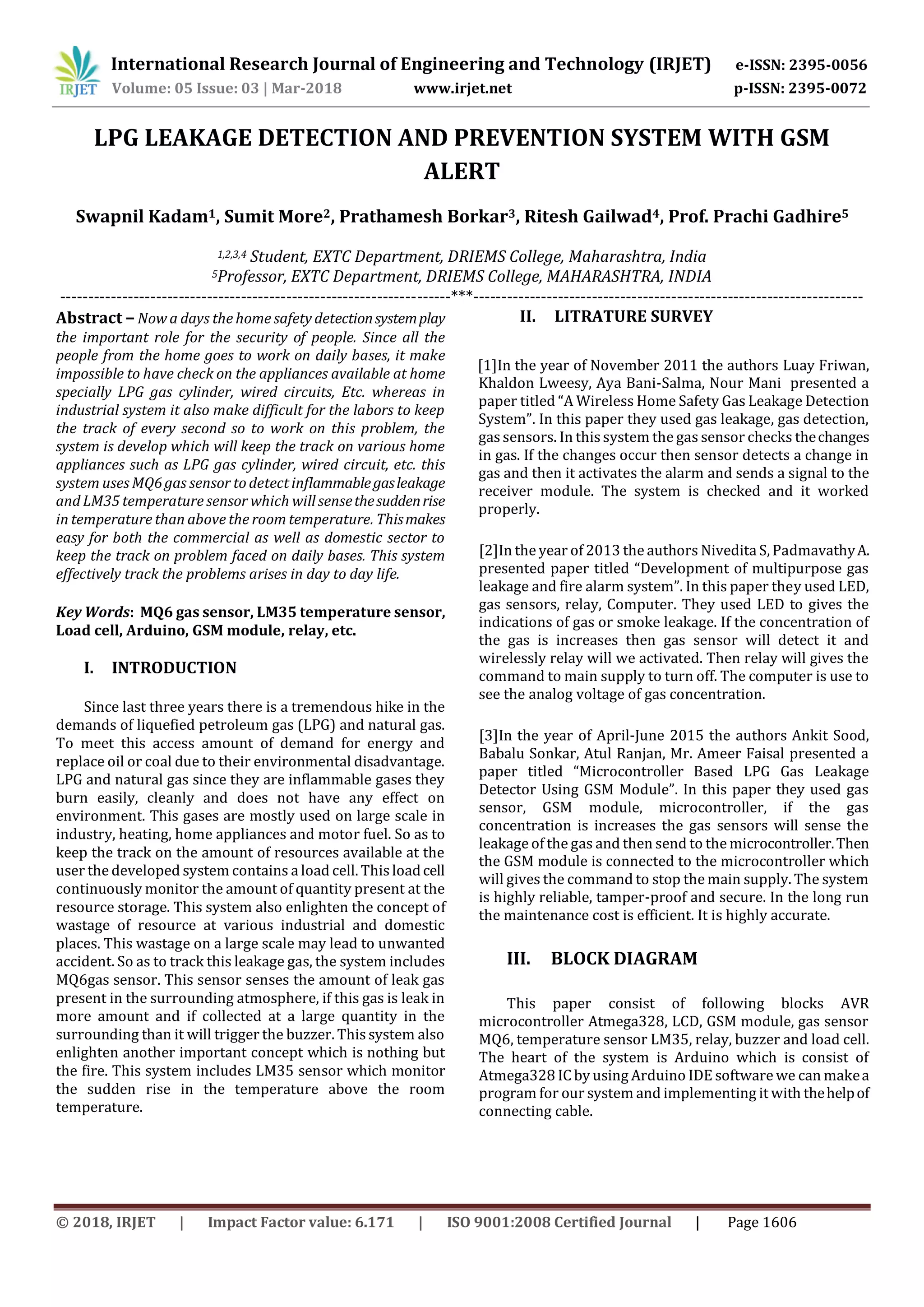 IRJET- LPG Leakage Detection and Prevention System with GSM Alert | PDF