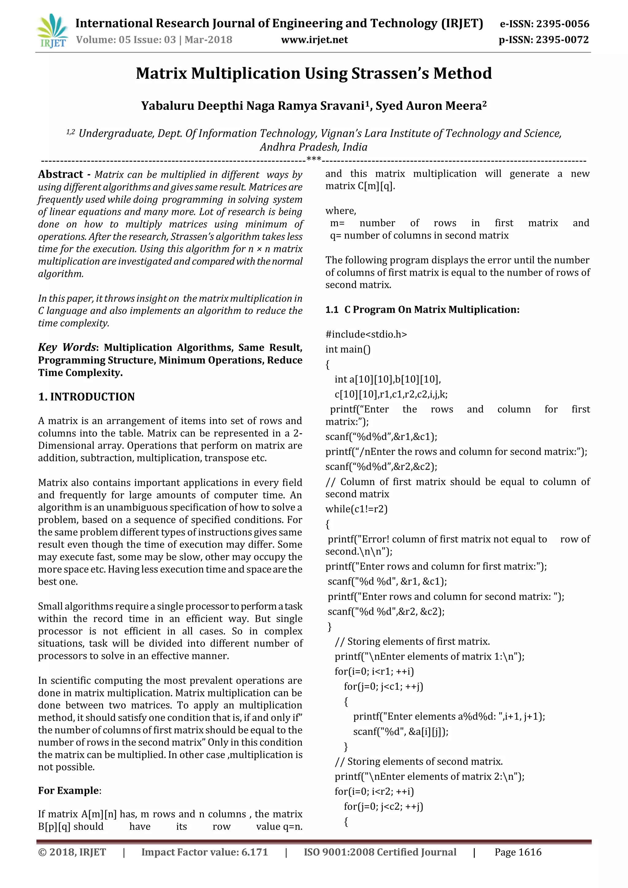 IRJET- Matrix Multiplication using Strassen’s Method | PDF