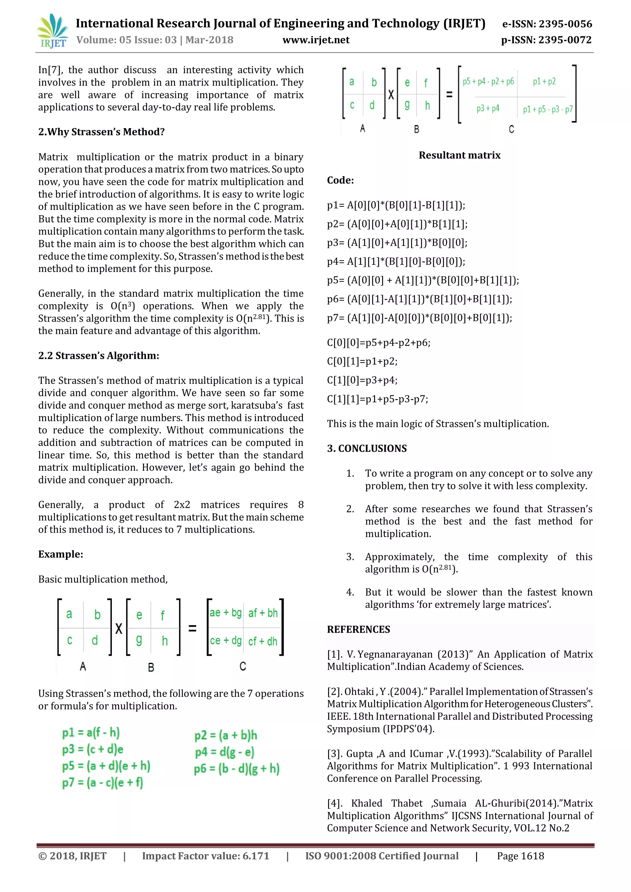 IRJET- Matrix Multiplication using Strassen’s Method | PDF