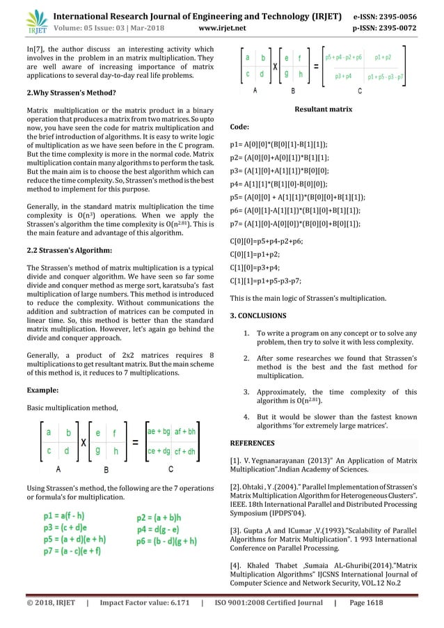 IRJET- Matrix Multiplication using Strassen’s Method | PDF