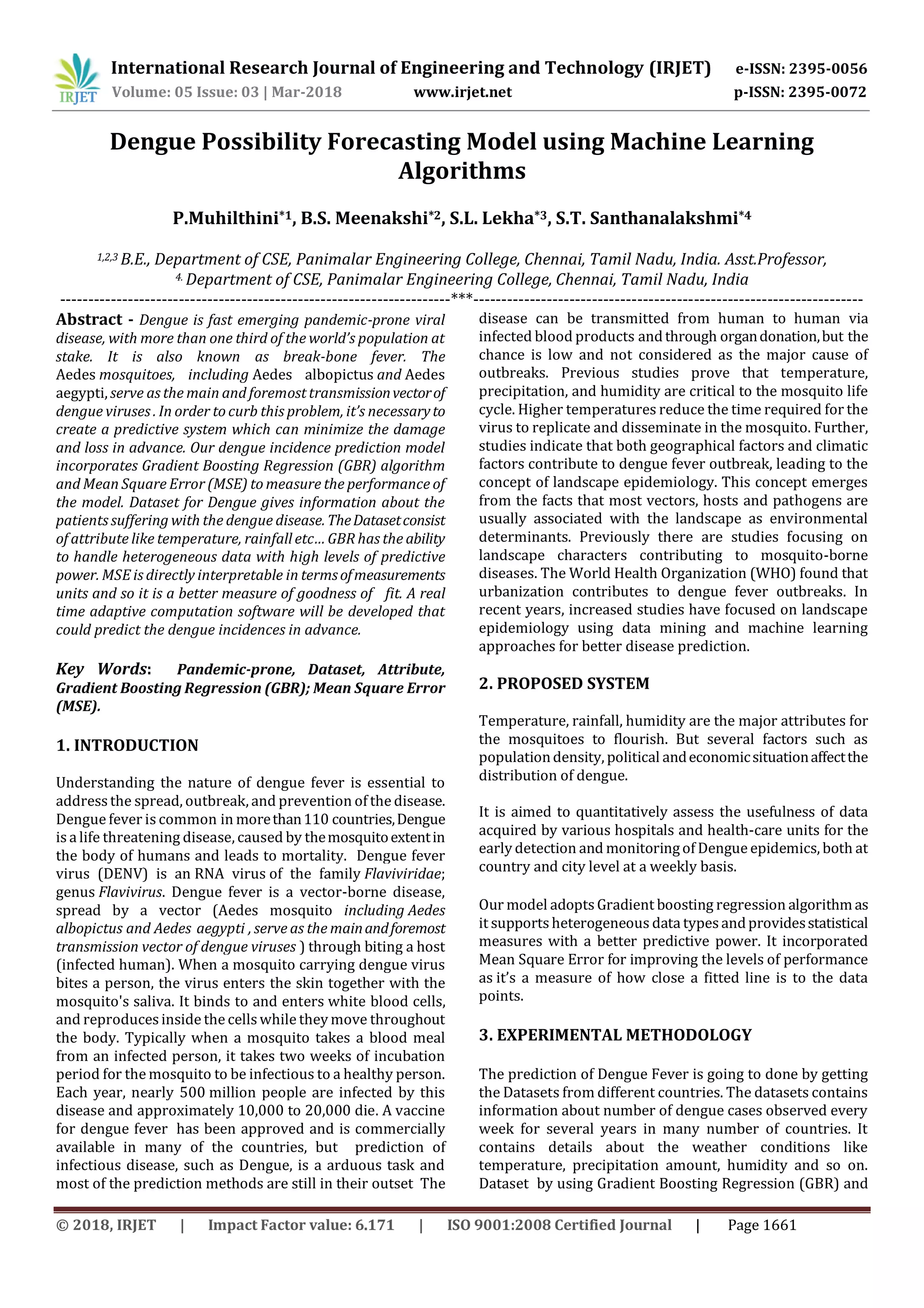 IRJET- Dengue Possibility Forecasting Model using Machine Learning Algorithms | PDF | Infectious ...