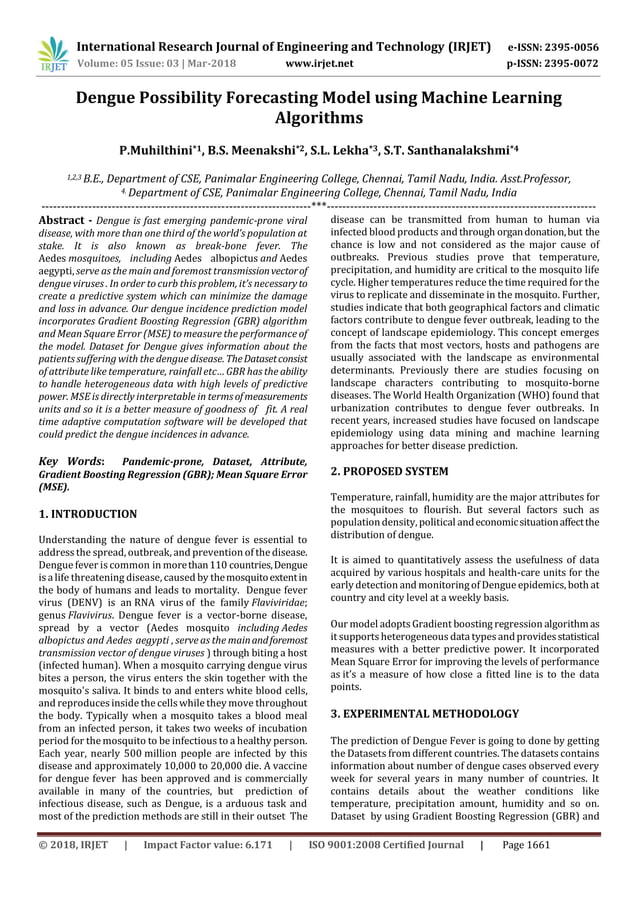 Irjet Dengue Possibility Forecasting Model Using Machine Learning Algorithms Pdf