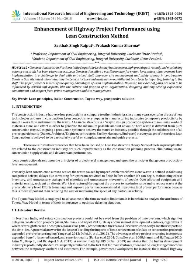 IRJET- Enhancement of Highway Project Performance using Lean Construction Method | PDF ...