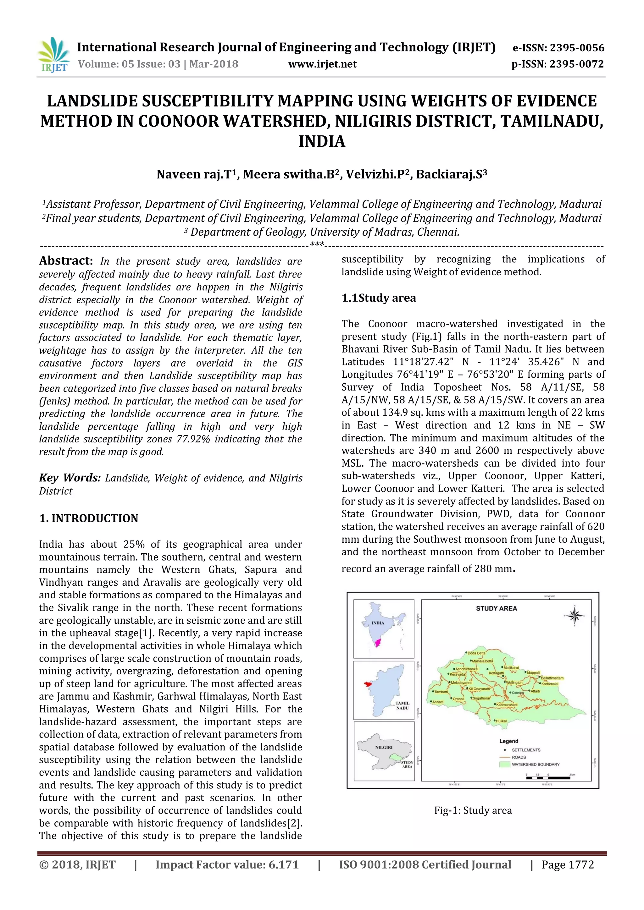 IRJET- Landslide Susceptibility Mapping using Weights of Evidence Method in Coonoor Watershed ...