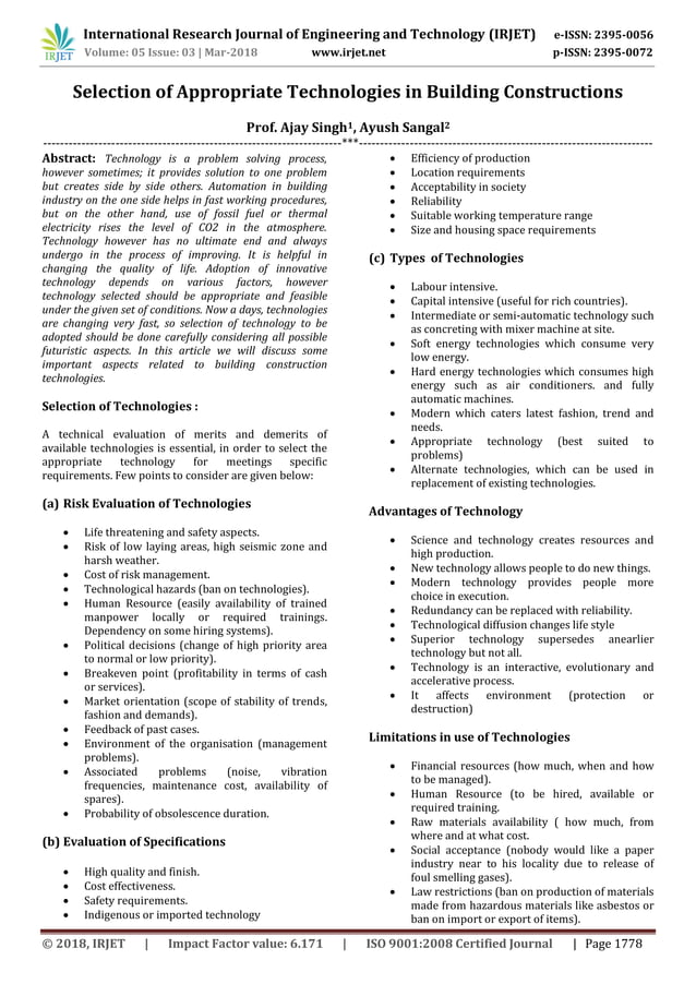 IRJET- Selection of Appropriate Technologies in Building Constructions | PDF