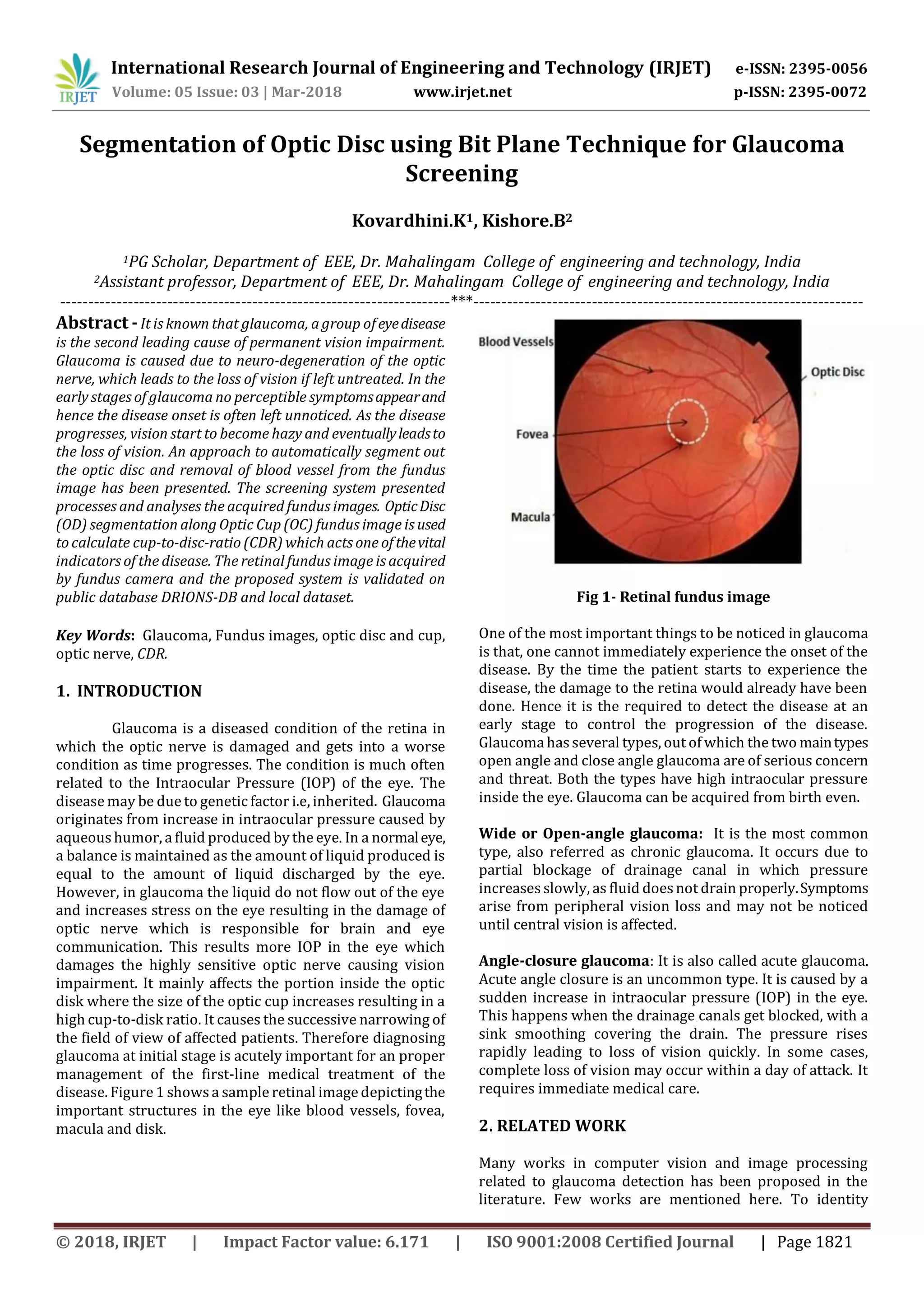 IRJET- Segmentation of Optic Disc using Bit Plane Technique for Glaucoma Screening | PDF