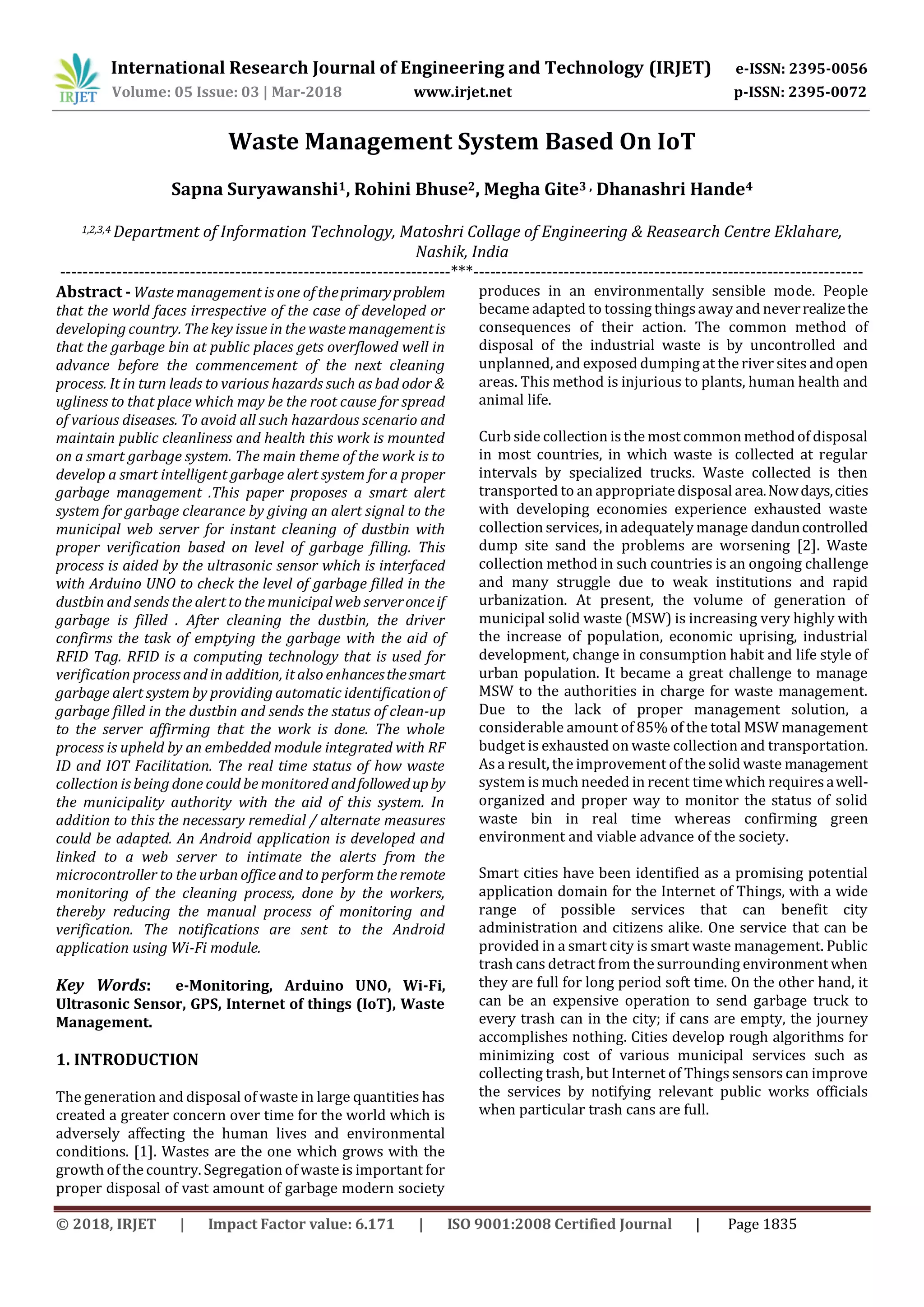 IRJET- Waste Management System based on IoT | PDF