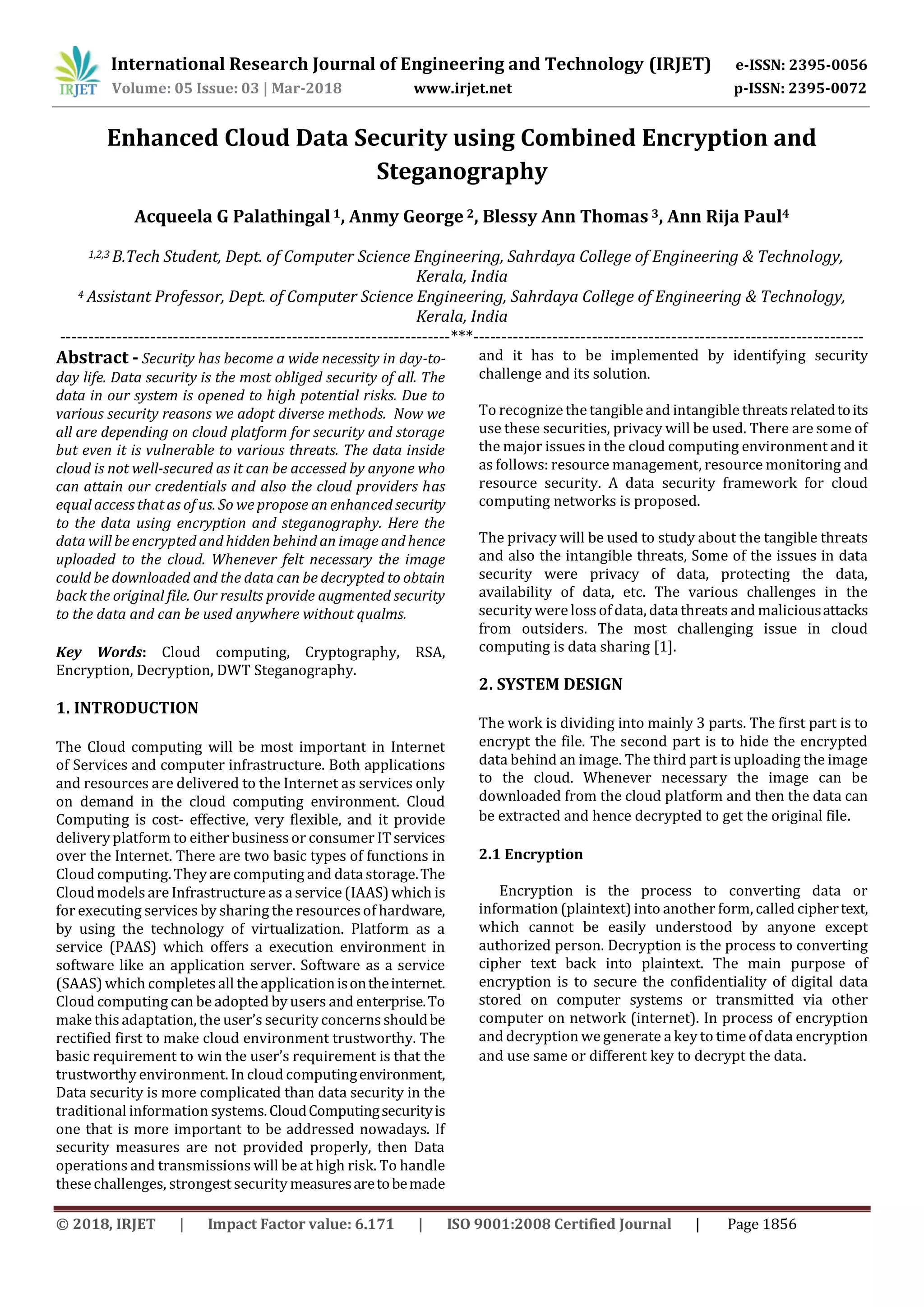 IRJET- Enhanced Cloud Data Security using Combined Encryption and Steganography | PDF