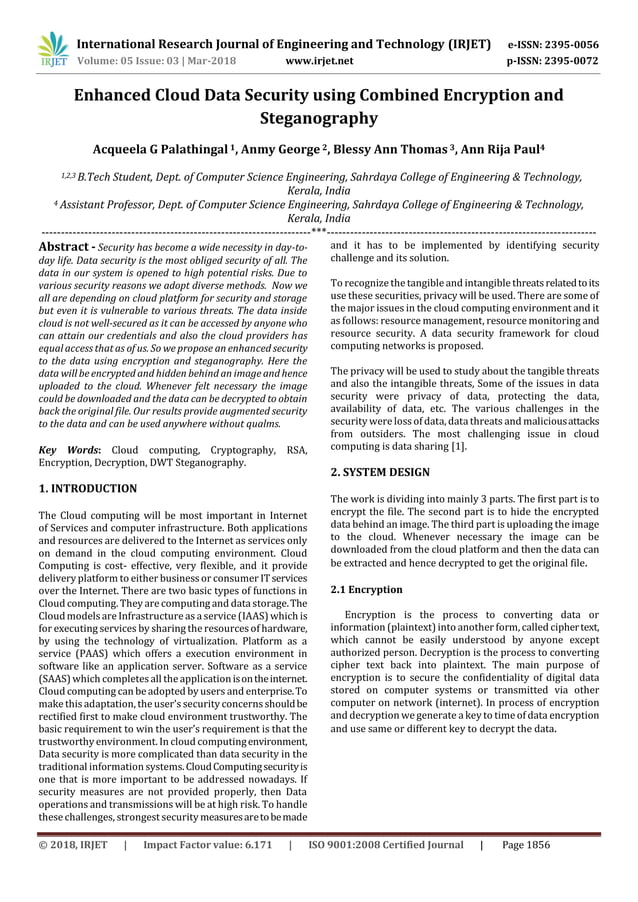 IRJET- Enhanced Cloud Data Security using Combined Encryption and Steganography | PDF
