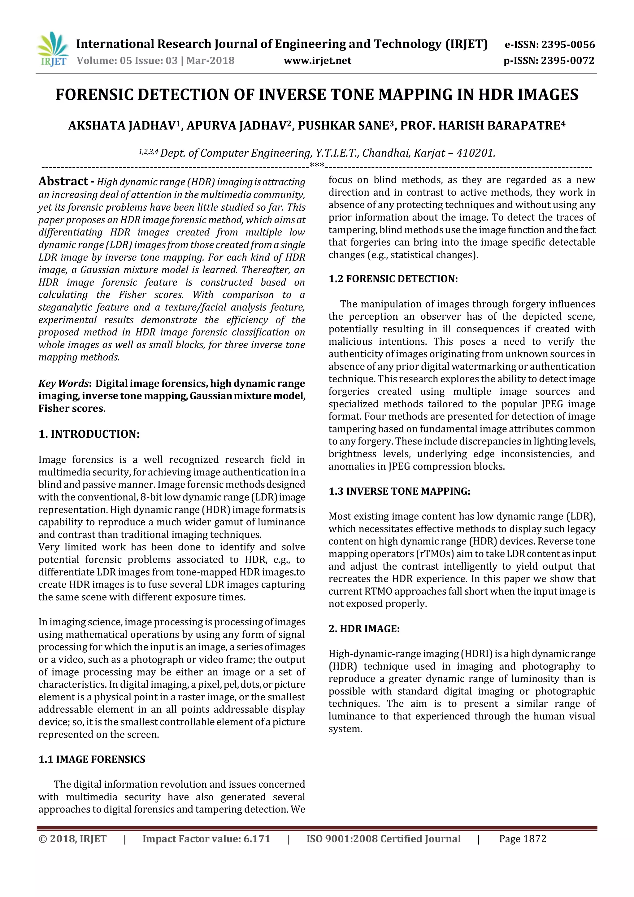 IRJET- Forensic Detection of Inverse Tone Mapping in HDR Images | PDF