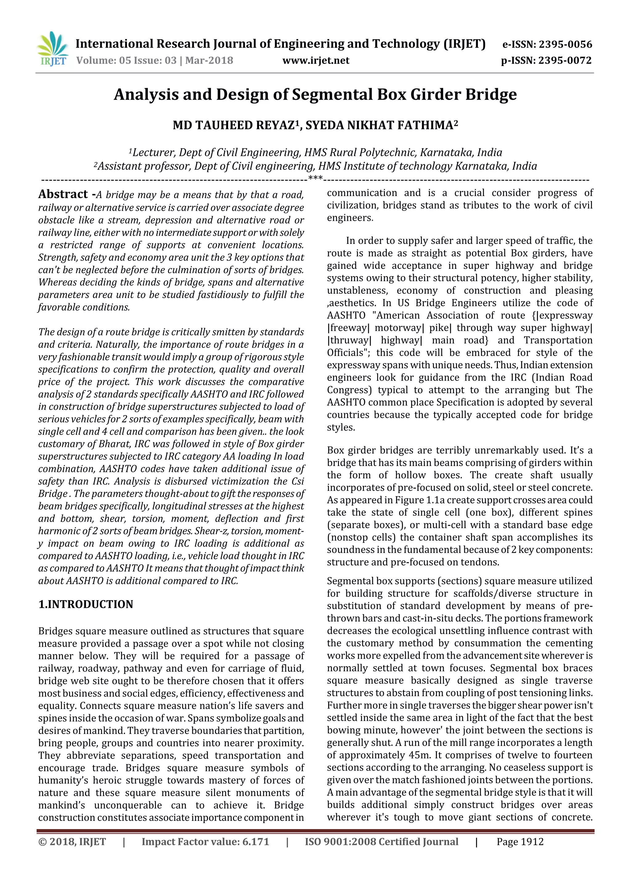 IRJET- Analysis and Design of Segmental Box Girder Bridge | PDF