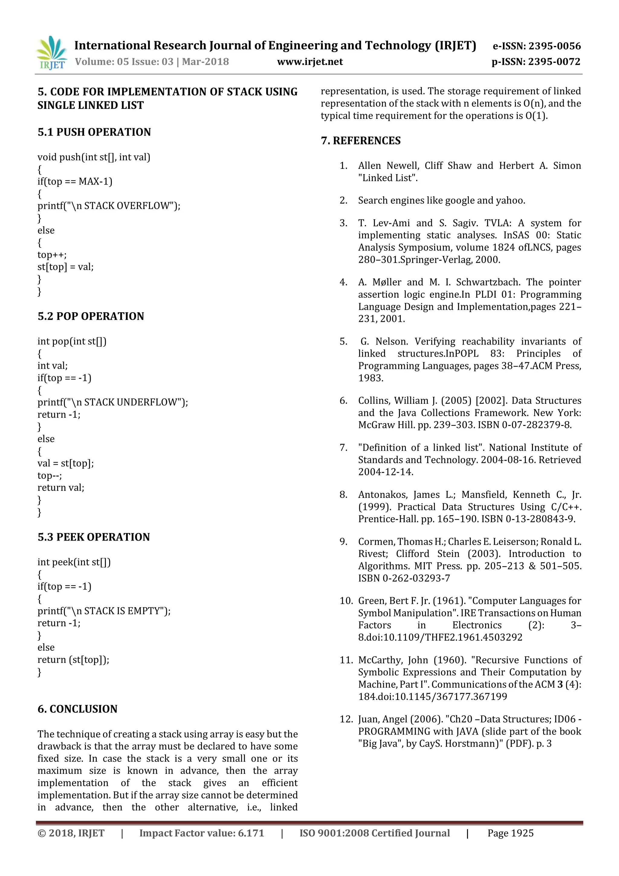 IRJET- Dynamic Implementation of Stack using Single Linked List | PDF IRJET- Dynamic Implementation of Stack using Single Linked List | PDF