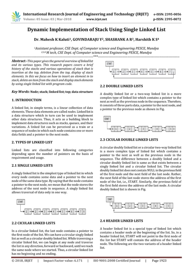 IRJET- Dynamic Implementation of Stack using Single Linked List | PDF