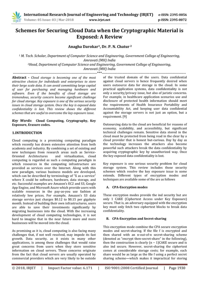 IRJET- Schemes for Securing Cloud Data when the Cryptographic Material is Exposed: A Review ...