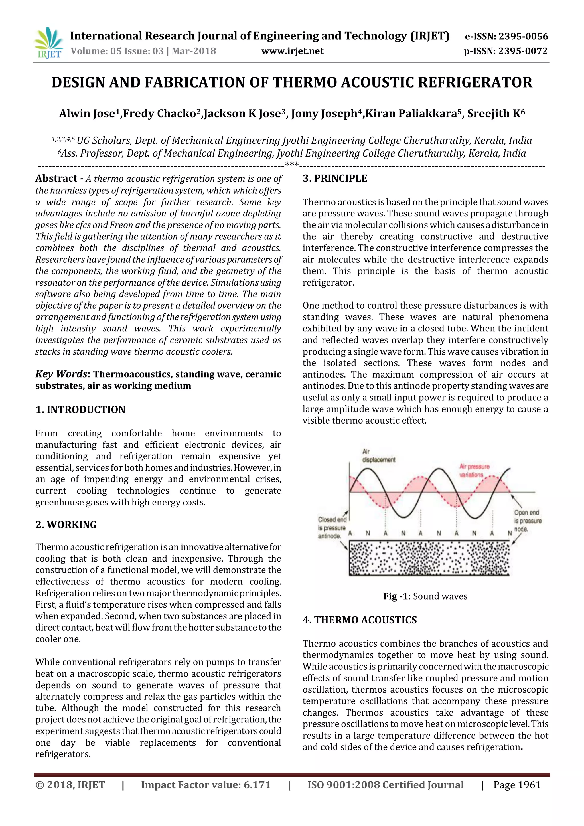 IRJET- Design and Fabrication of Thermo Acoustic Refrigerator | PDF
