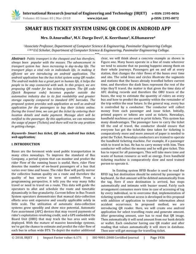 IRJET- Smart Bus Ticket System using QR Code in Android App | PDF