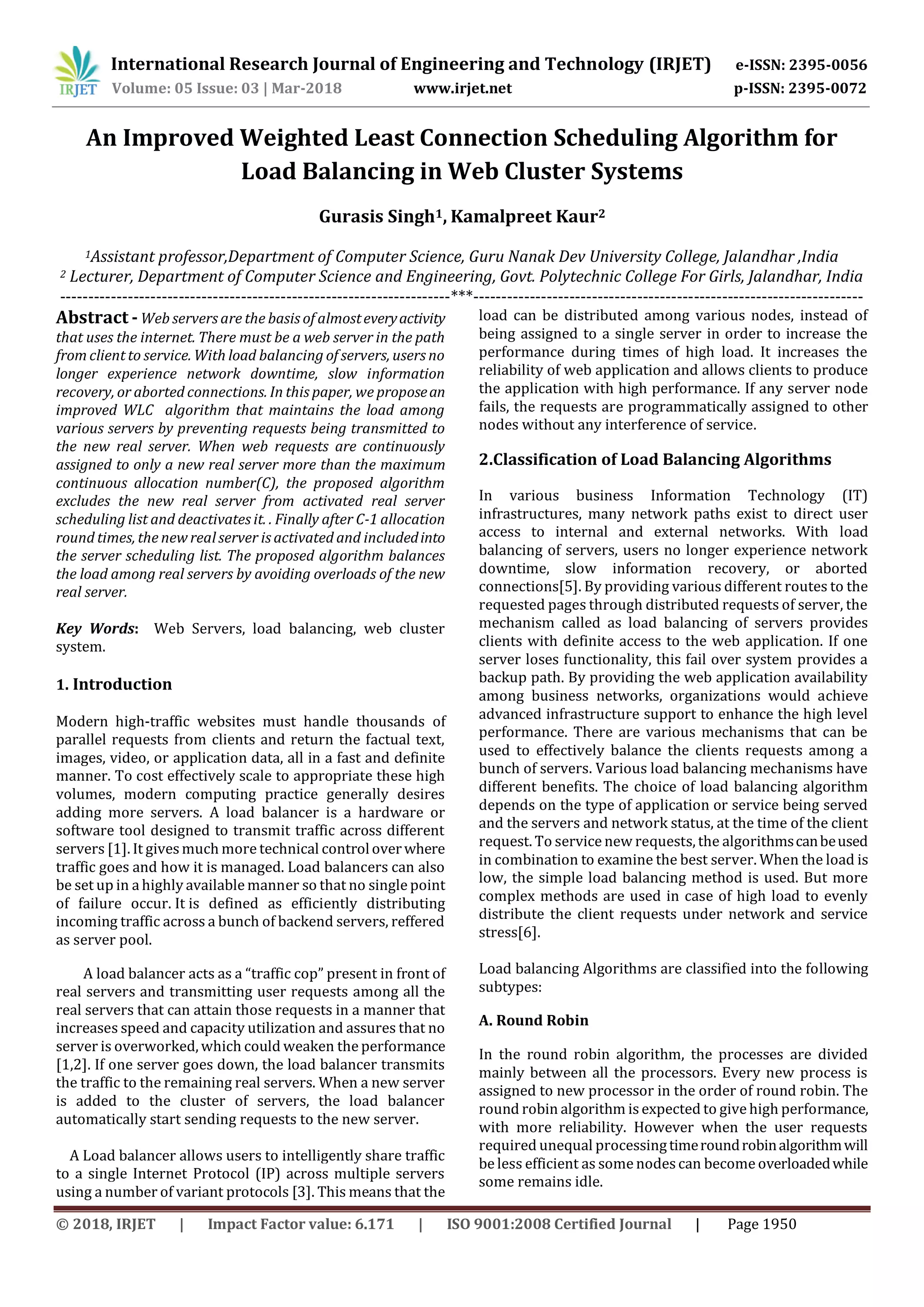 Irjet An Improved Weighted Least Connection Scheduling Algorithm For Load Balancing In Web