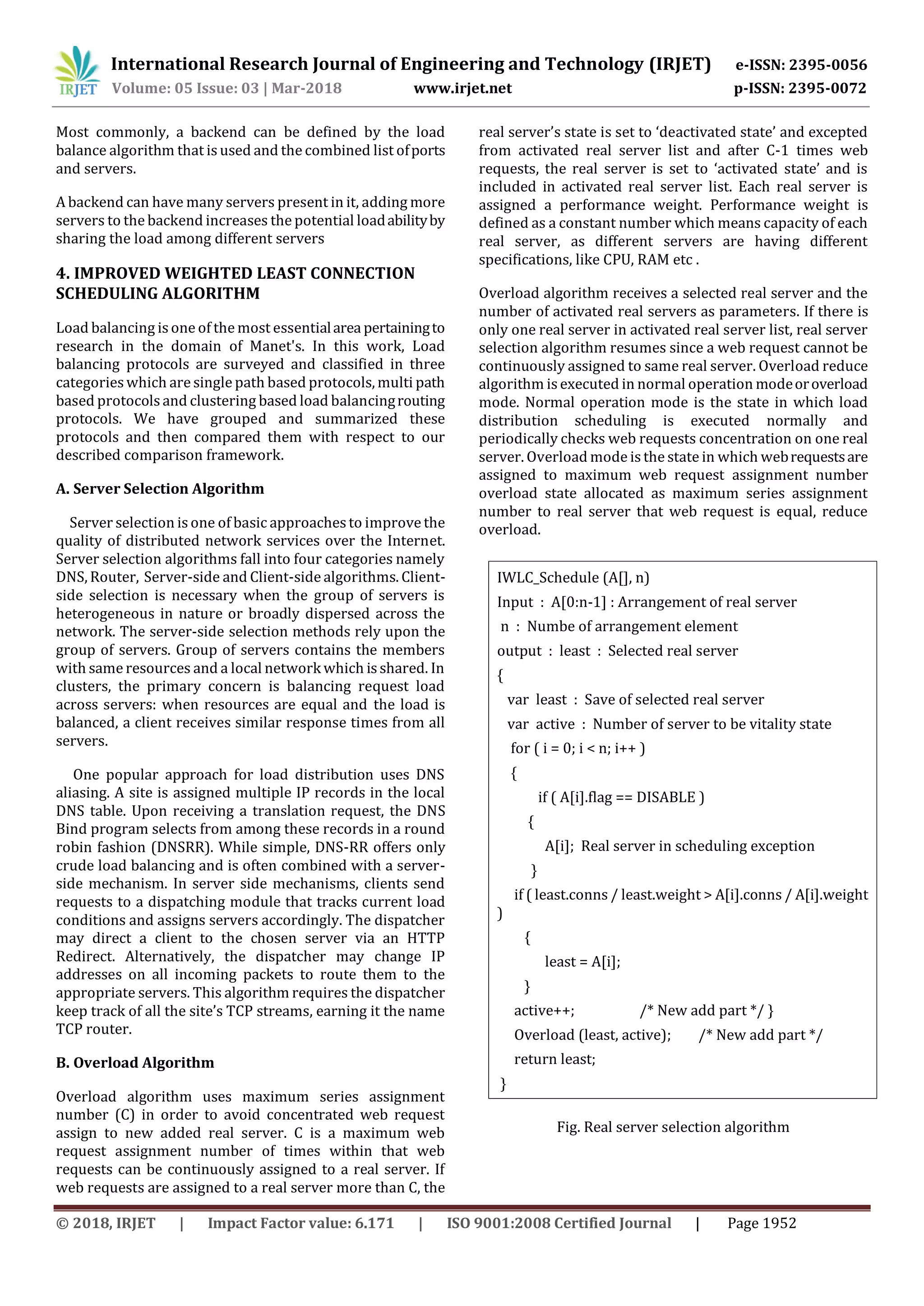 Irjet An Improved Weighted Least Connection Scheduling Algorithm For Load Balancing In Web