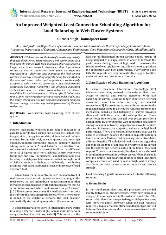 Irjet An Improved Weighted Least Connection Scheduling Algorithm For