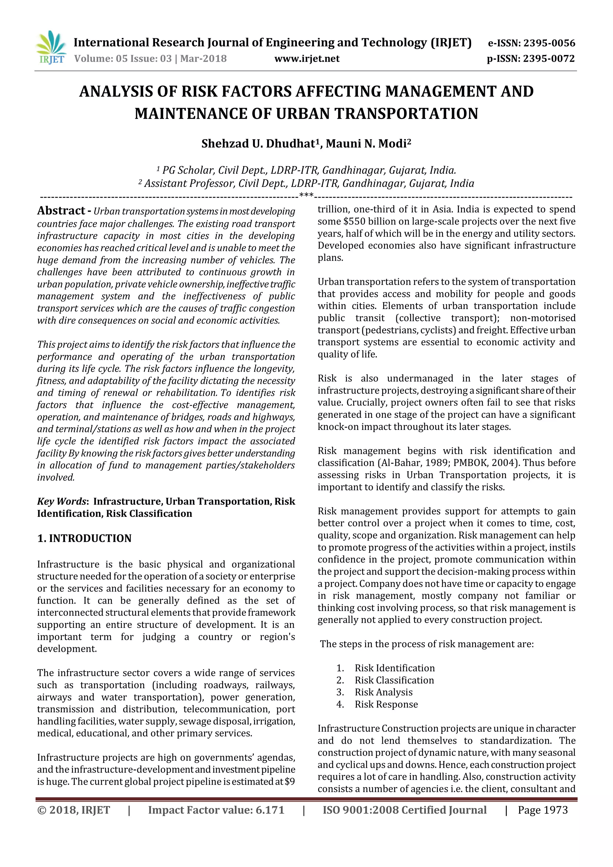 IRJET- Analysis of Risk Factors Affecting Management and Maintenance of Urban Transportation | PDF