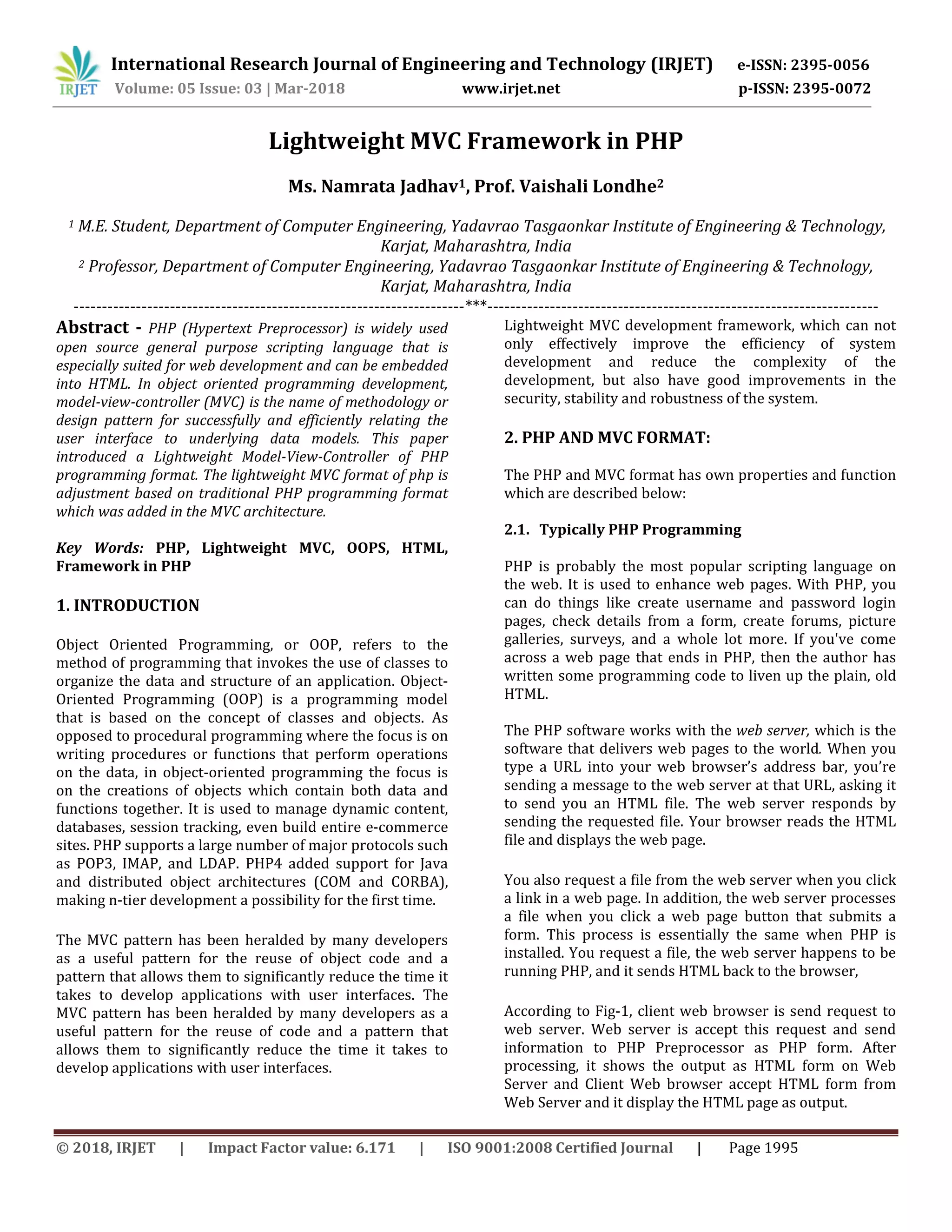 Irjet Lightweight Mvc Framework In Php Pdf