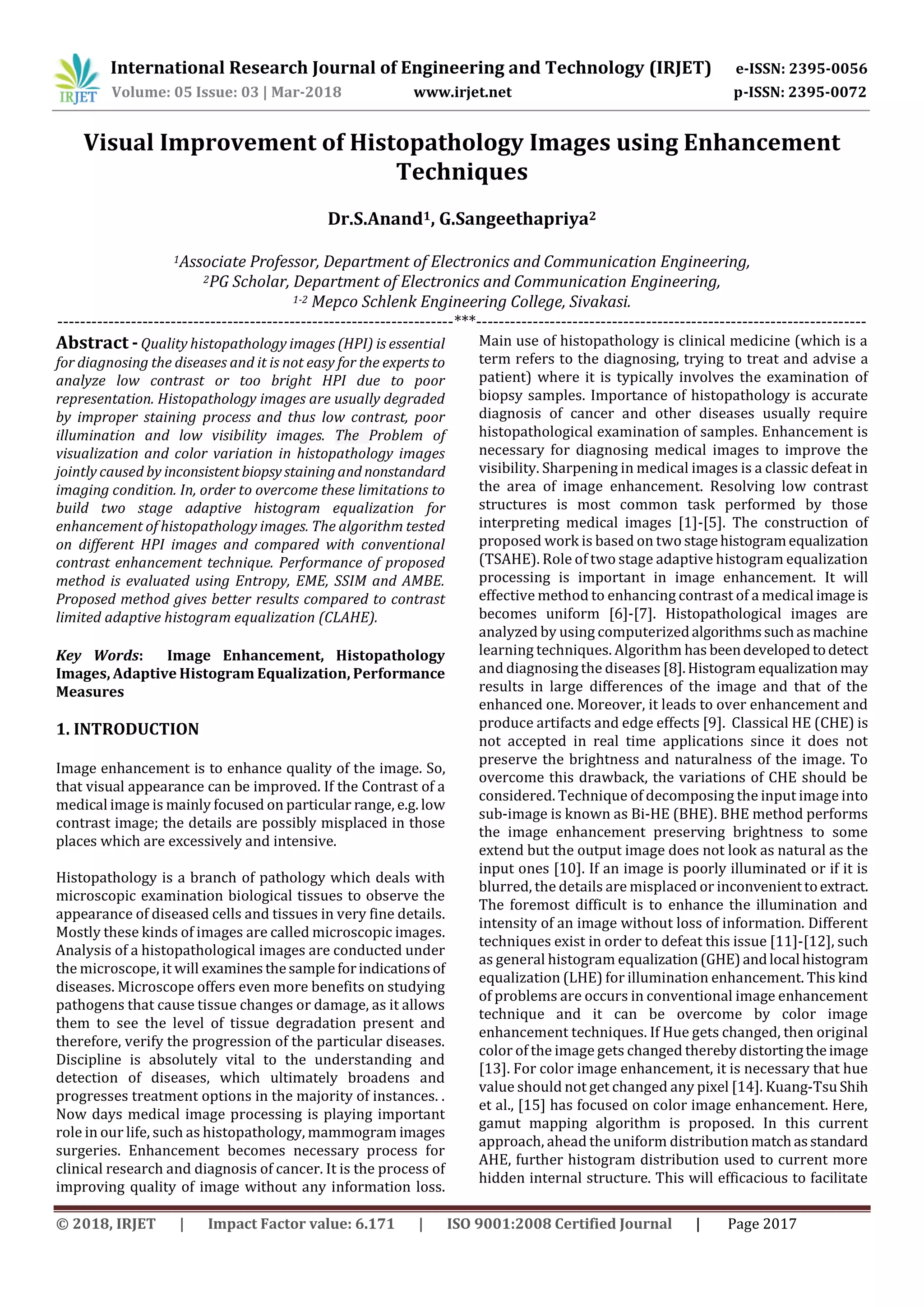 IRJET- Visual Improvement of Histopathology Images using Enhancement ...
