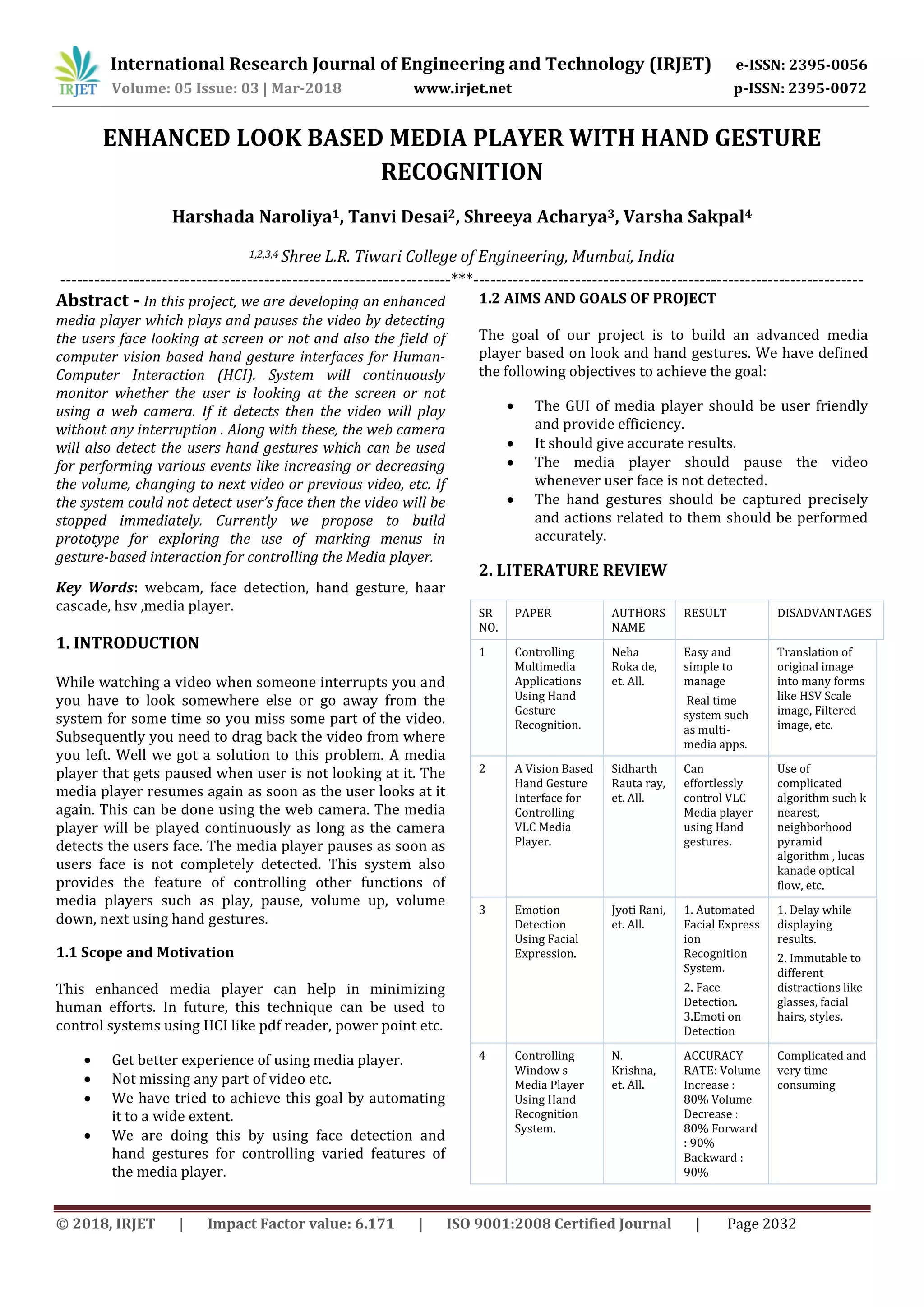 IRJET- Enhanced Look Based Media Player with Hand Gesture Recognition | PDF