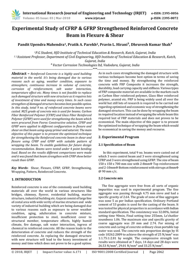 IRJET- Experimental Study of CFRP & GFRP Strengthened Reinforced Concrete Beam in Flexure ...