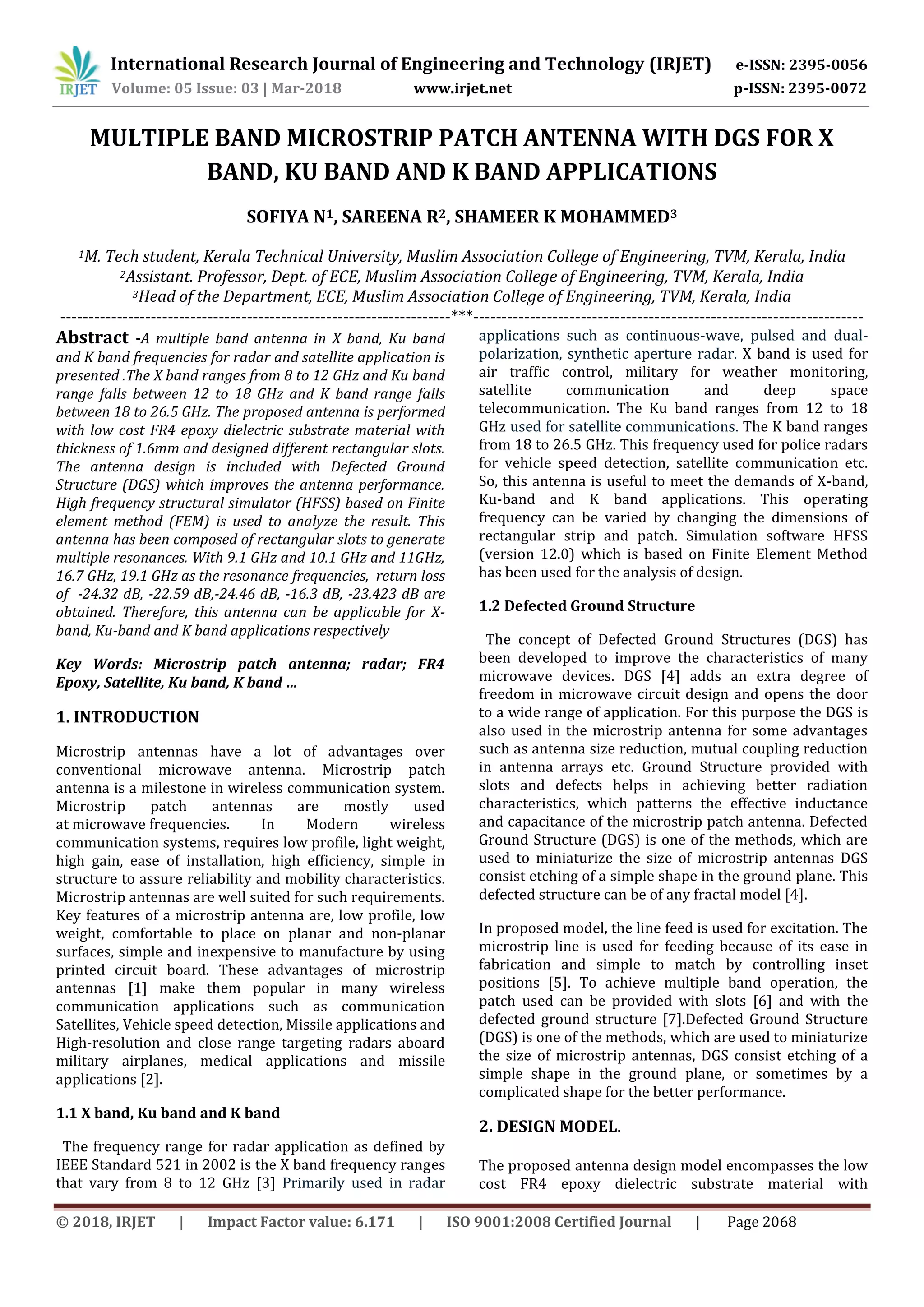 IRJET- Multiple Band Microstrip Patch Antenna with DGS for X Band, Ku Band and K Band ...