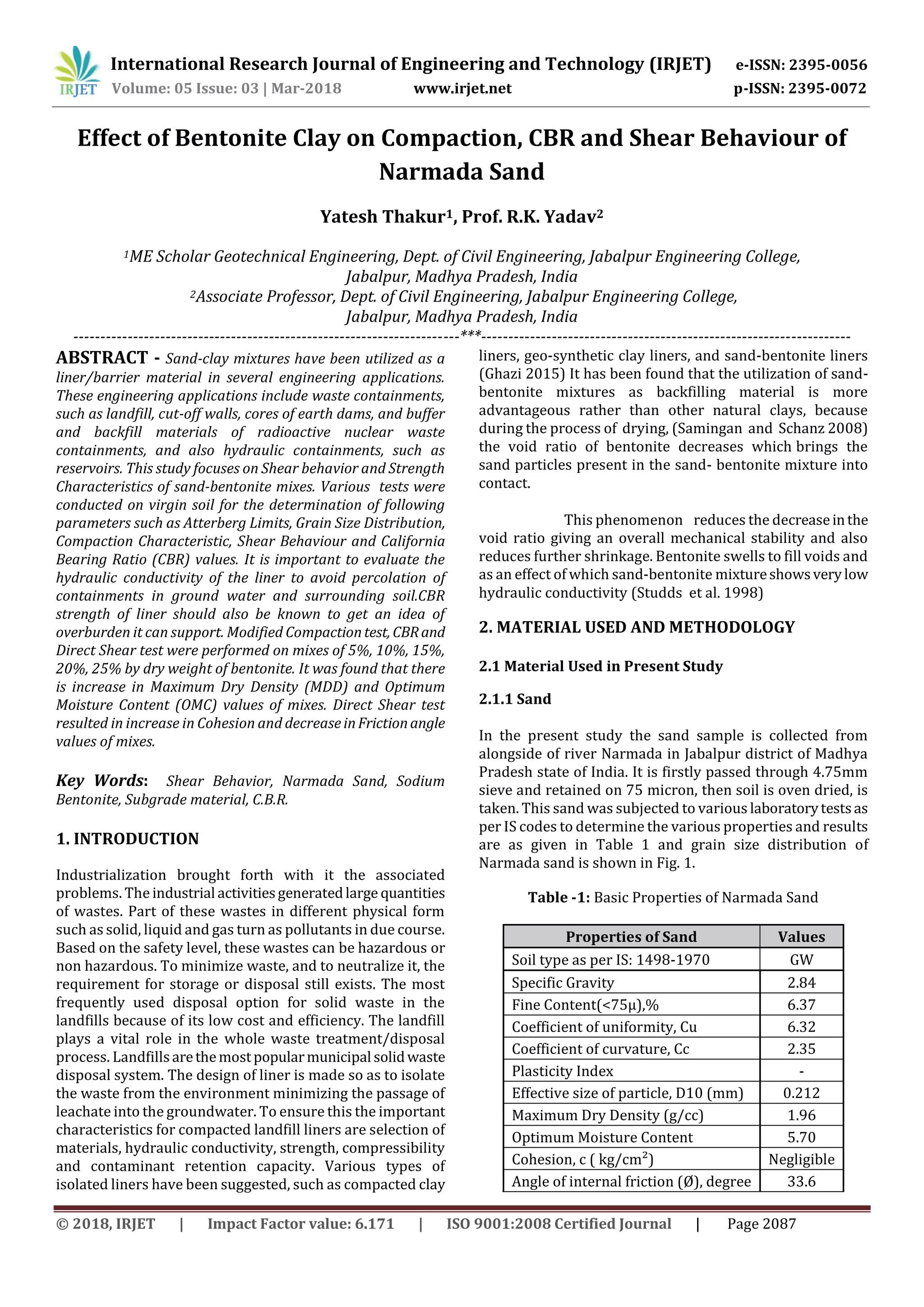 IRJET- Effect of Bentonite Clay on Compaction, CBR and Shear Behaviour ...