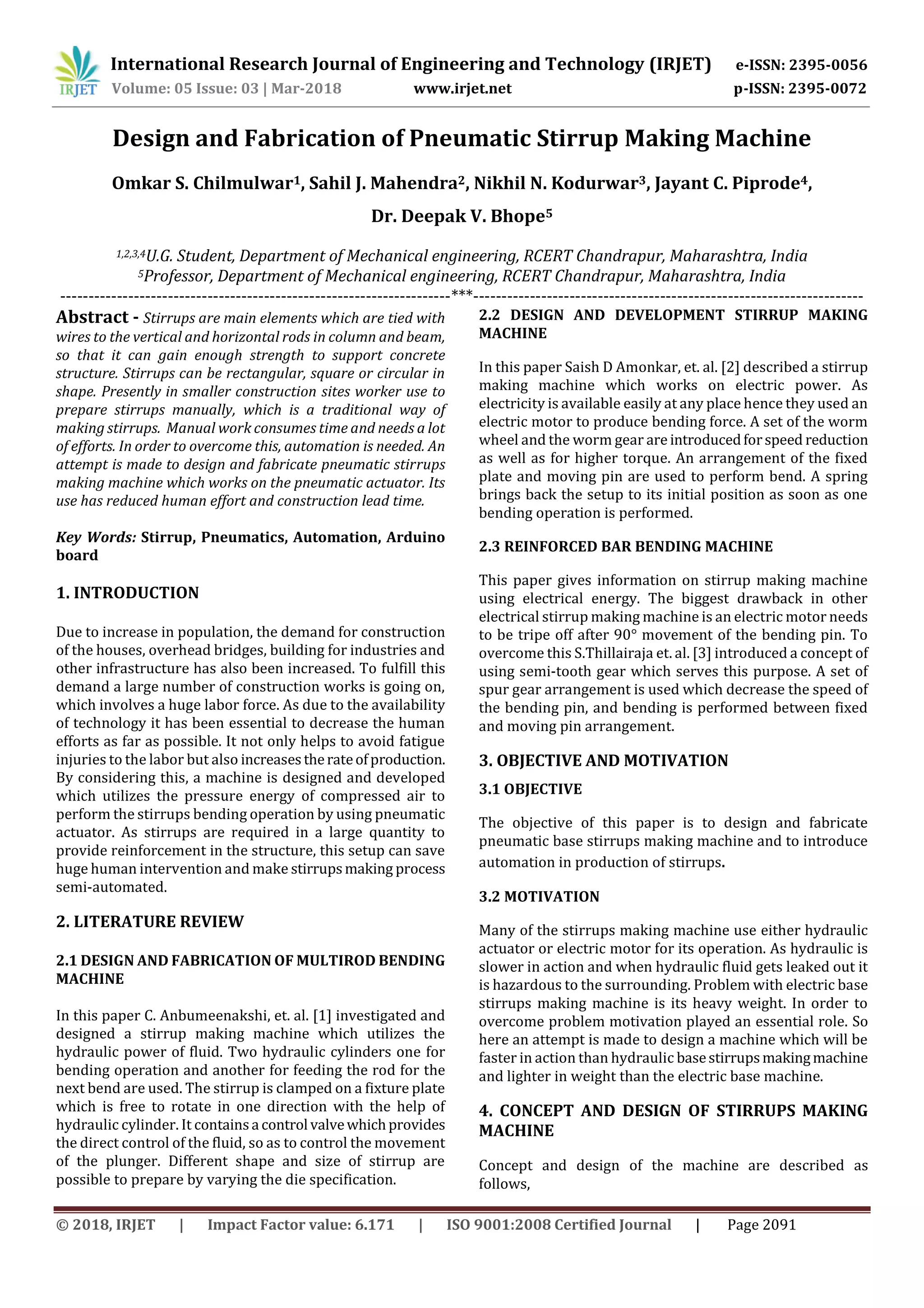 IRJET- Design and Fabrication of Pneumatic Stirrup Making Machine | PDF