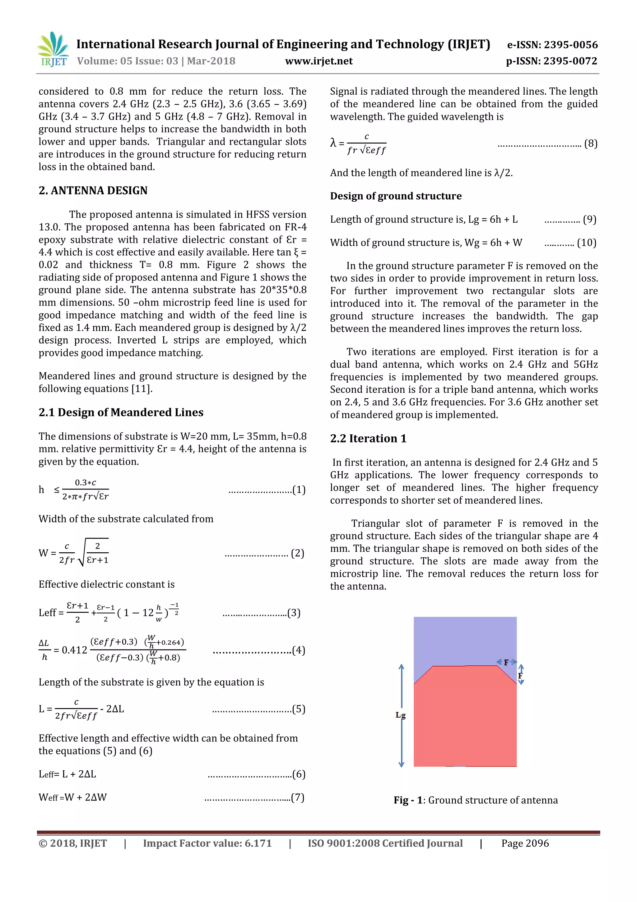 Irjet A Compact Triple Band Meandered Line Antenna For 2 4 3 6 5 Ghz Wifi Sat Com Applications