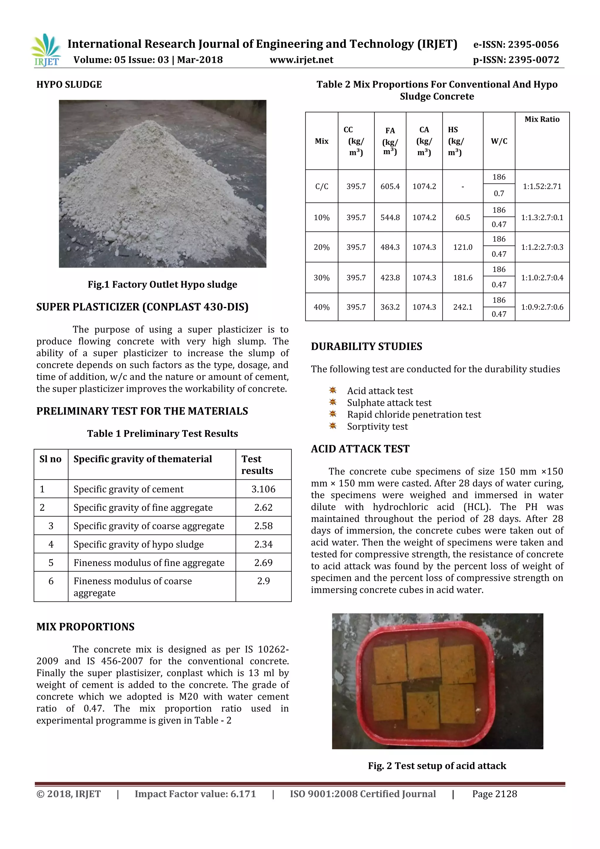 IRJET- Durability Study on Hypo Sludge Concrete with Replacement of ...