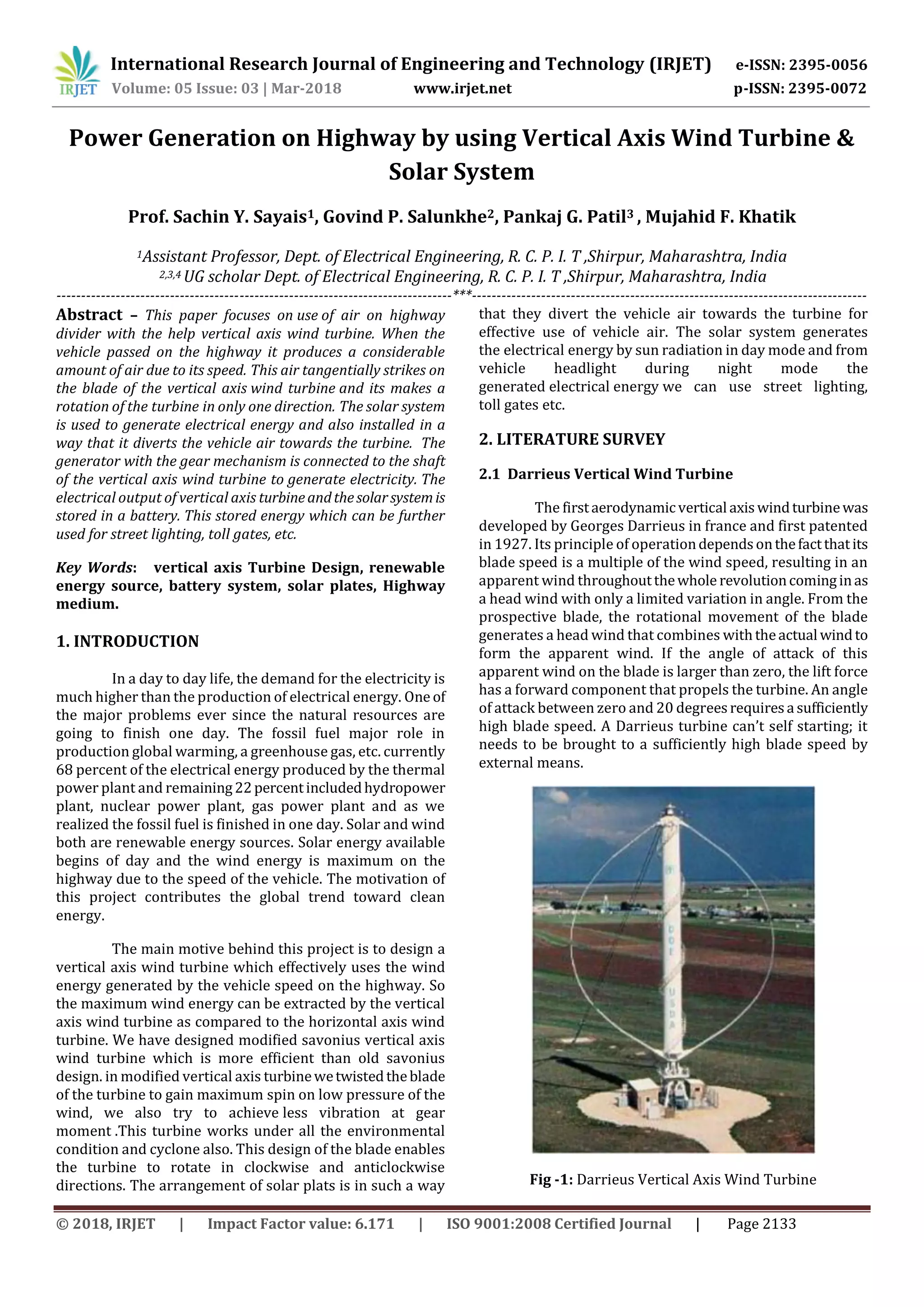 IRJET- Power Generation on Highway by using Vertical Axis Wind Turbine ...