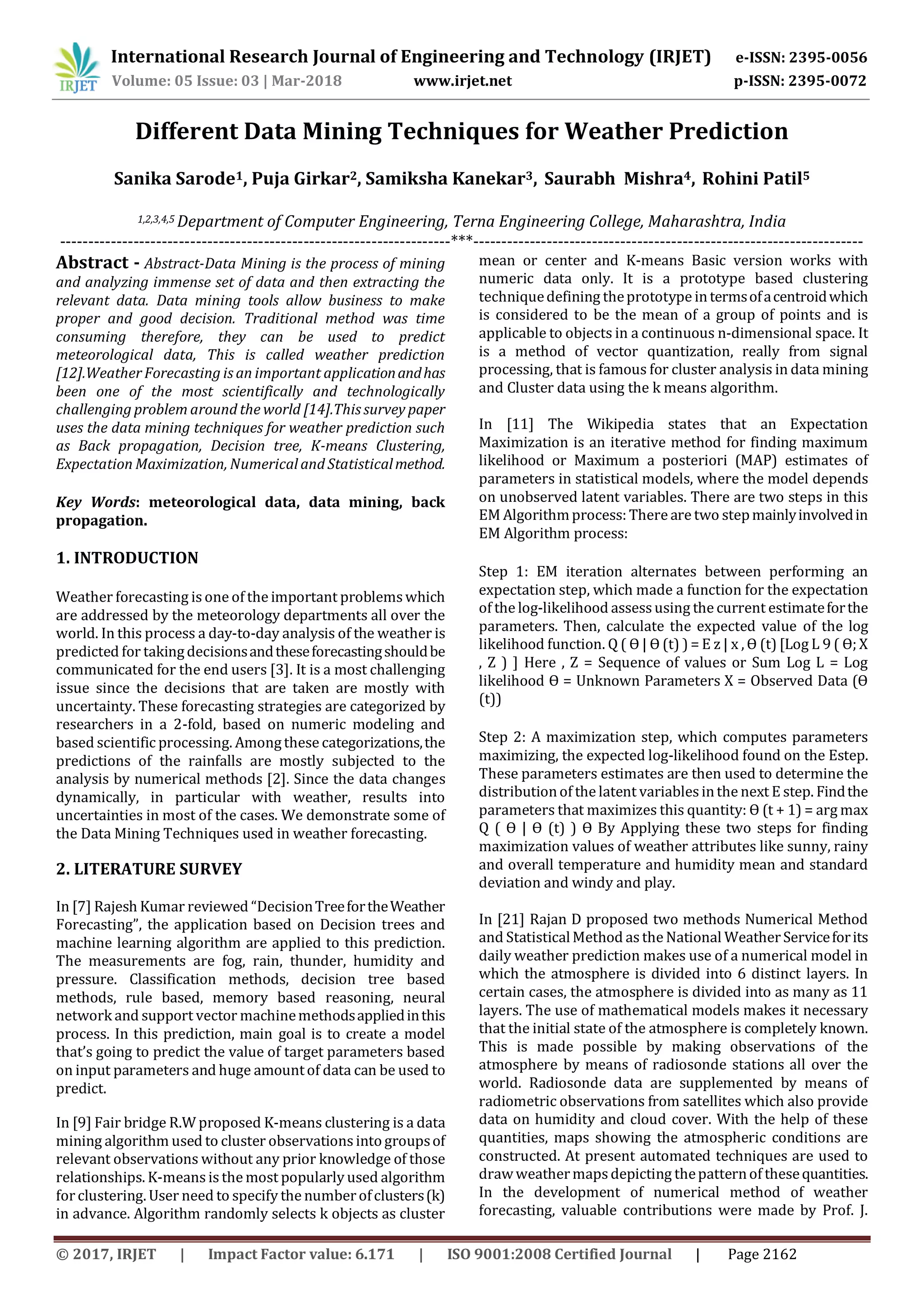 IRJET- Different Data Mining Techniques for Weather Prediction | PDF